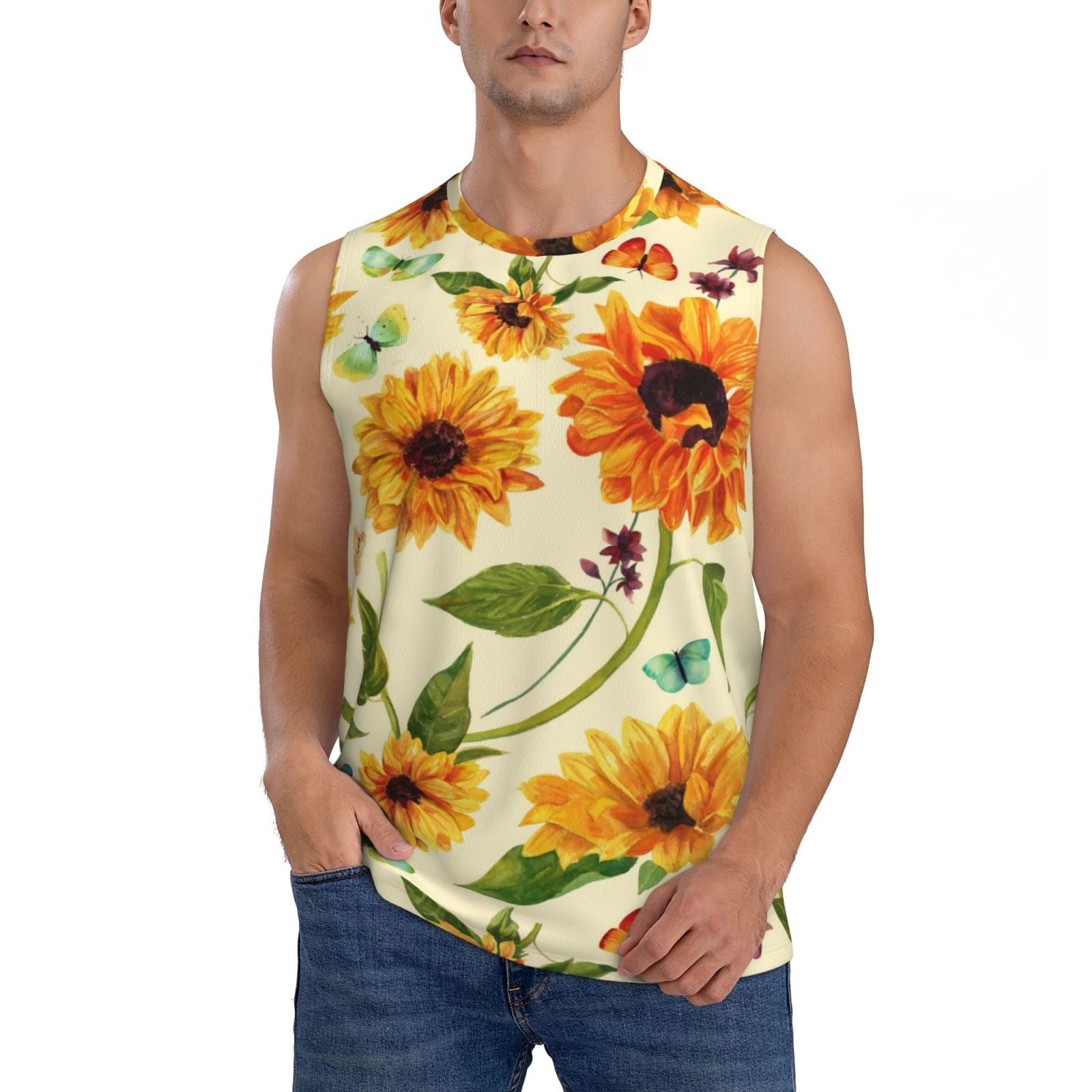 Disketp Sunflowers And Butterflies Sleeveless Tshirts For Men, Muscle ...