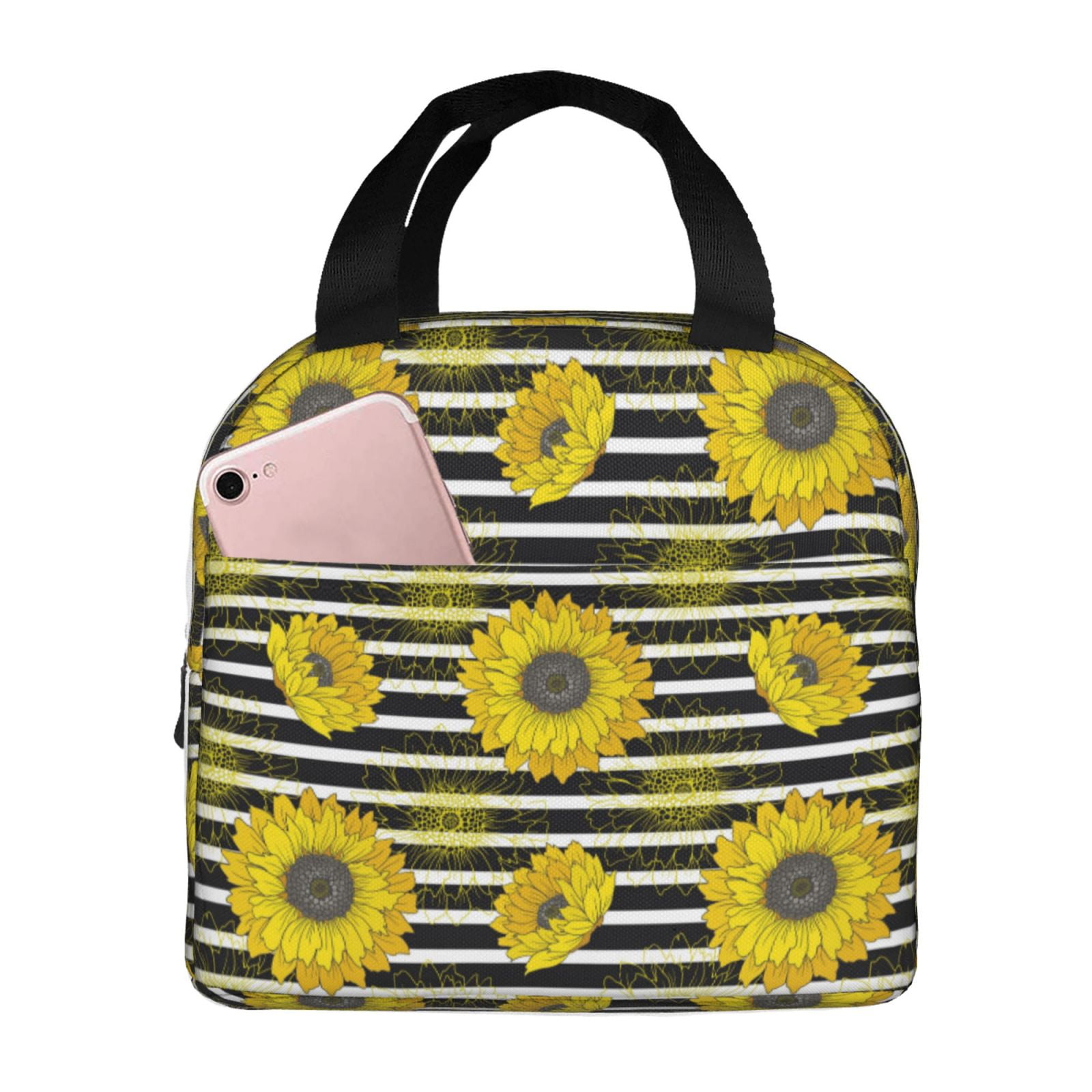 Disketp Sunflowers On Black And White Stripes Lunch Bag for Women Men ...
