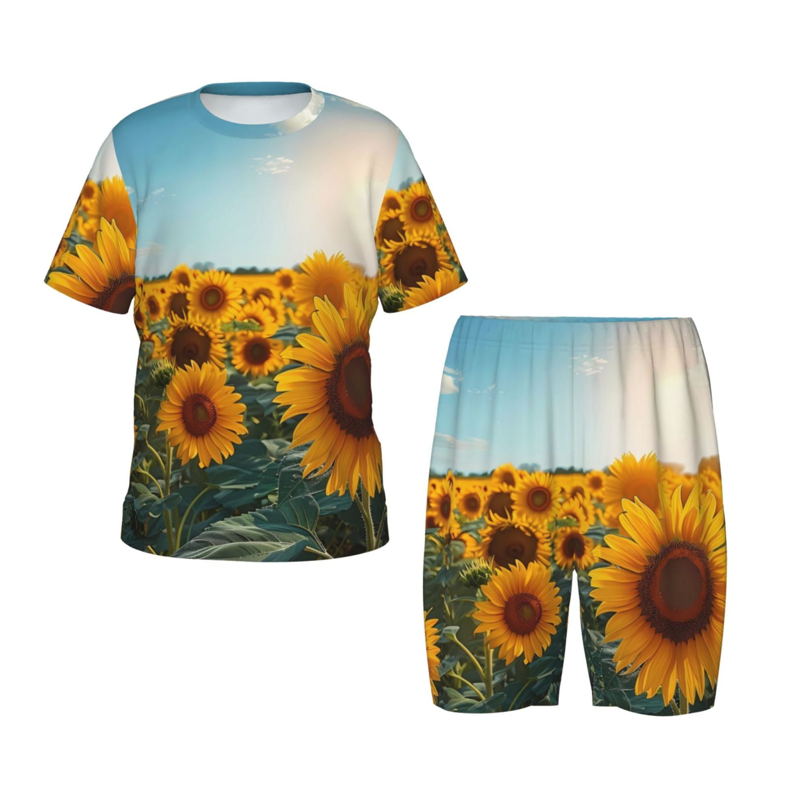 Disketp Sunlit Sunflower Field Kids Short Sleeve Pajamas Kids Summer ...