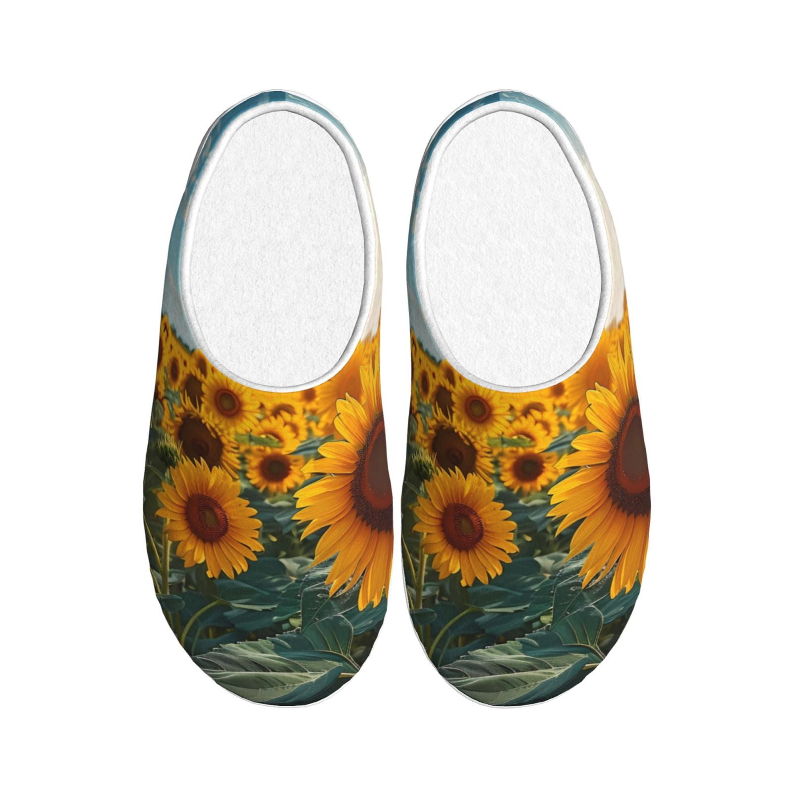 Disketp Sunlit Sunflower Field Women's Men's Slippers Plush Slip-On ...