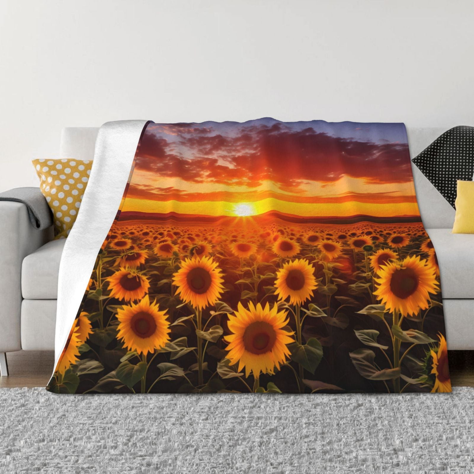 Disketp Sunset Golden Sunflower Field Flannel Blankets - Thick and Warm ...