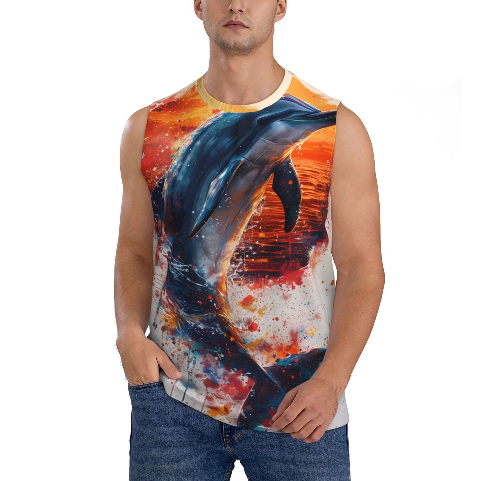 Disketp Sunset Ocean Watercolor Dolphin Sleeveless Tshirts for Men ...