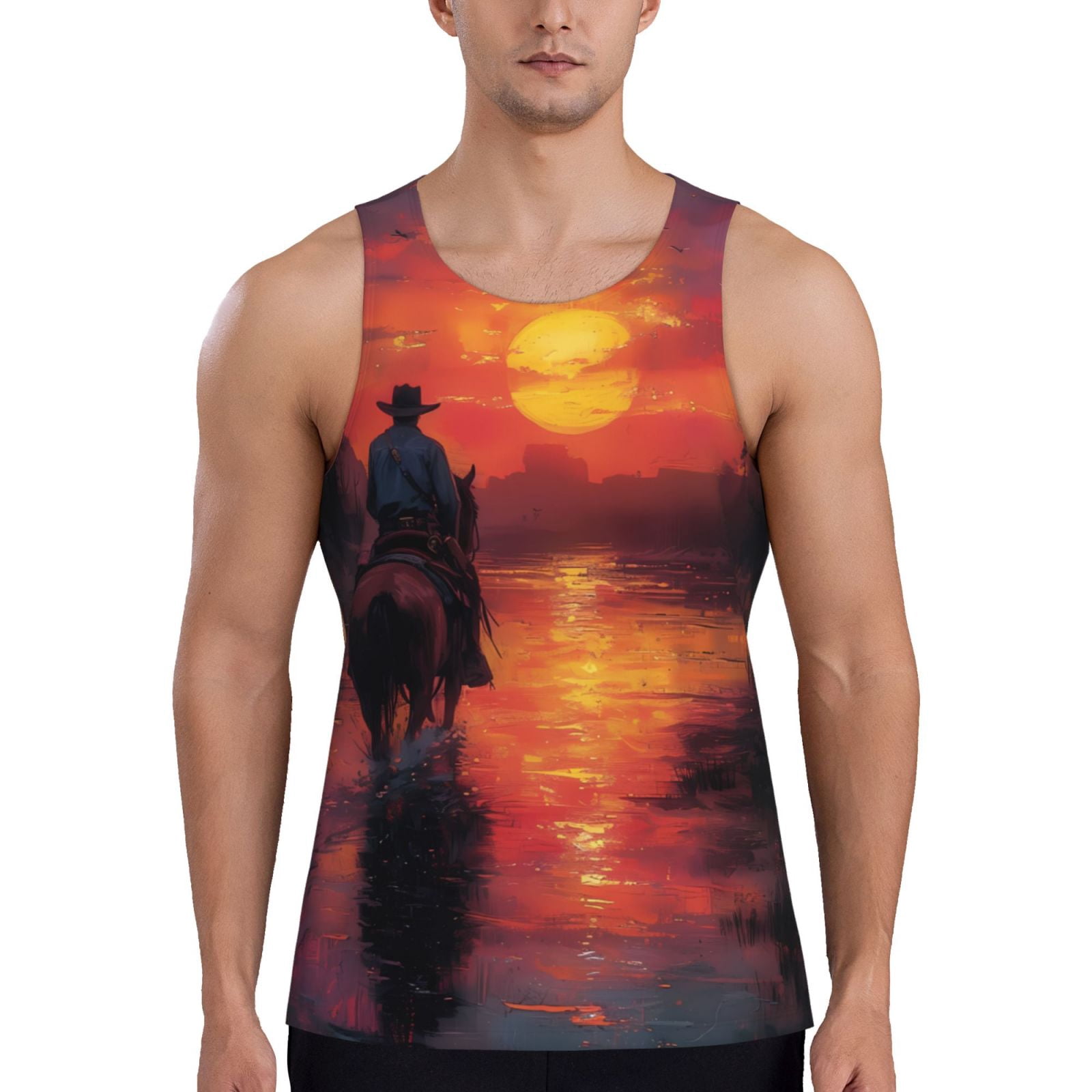 Disketp Sunset River Western Cowboy Men's Workout Tank Tops Sleeveless ...
