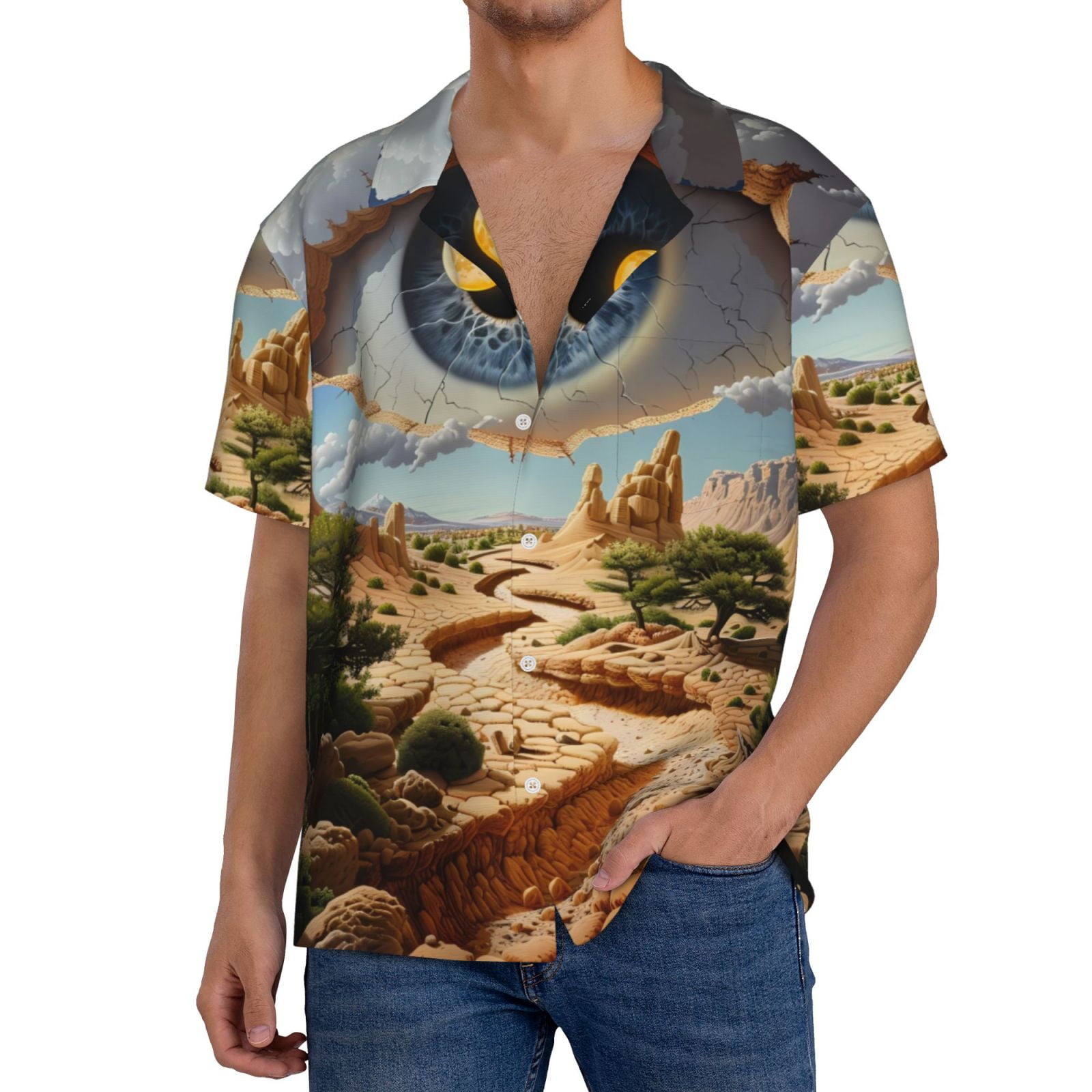 Disketp Surreal Desert Eye Landscape Men's Hawaiian, Shirts Button Down ...