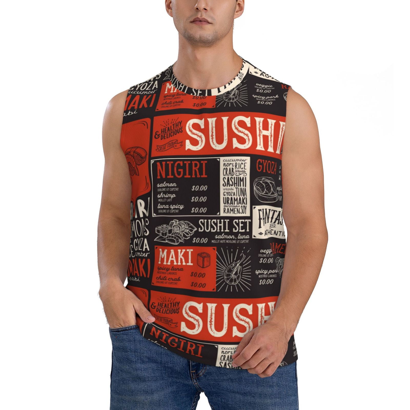 Disketp Sushi Menu Sleeveless Tshirts For Men, Muscle Shirts For Men ...