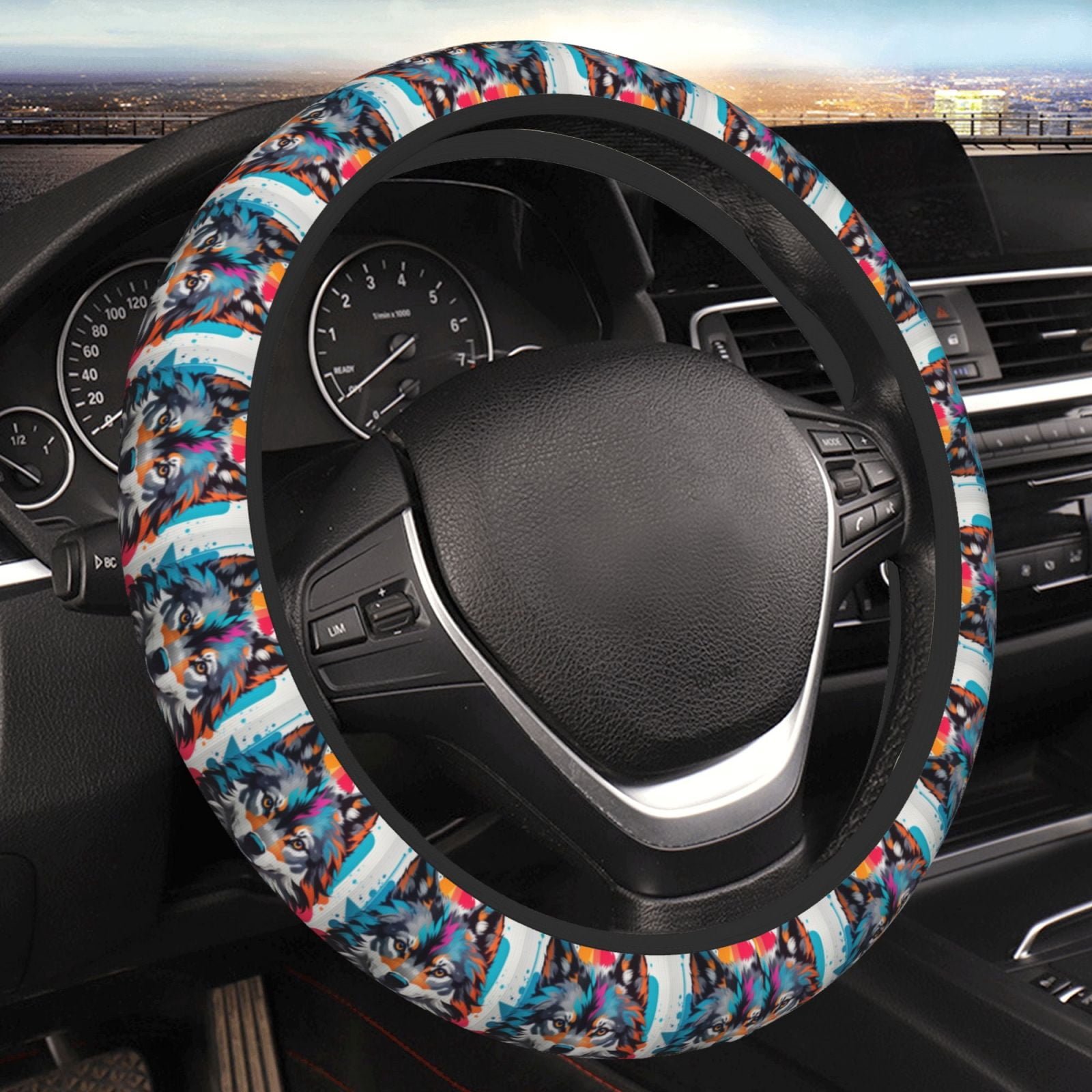 Disketp Tie-Dye Wolf Head Elastic Microfiber Steering Wheel Cover for ...