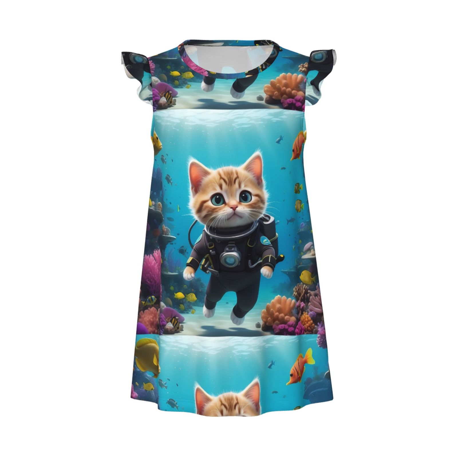 Disketp Underwater Diving Cat Print Girls Nightgowns 3-10 Years Flutter ...
