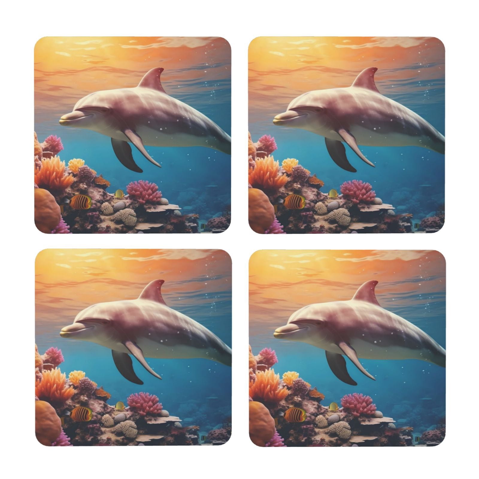 Disketp Underwater Plant Dolphin MDF Cork Coaster 4 Pcs - Absorbent ...