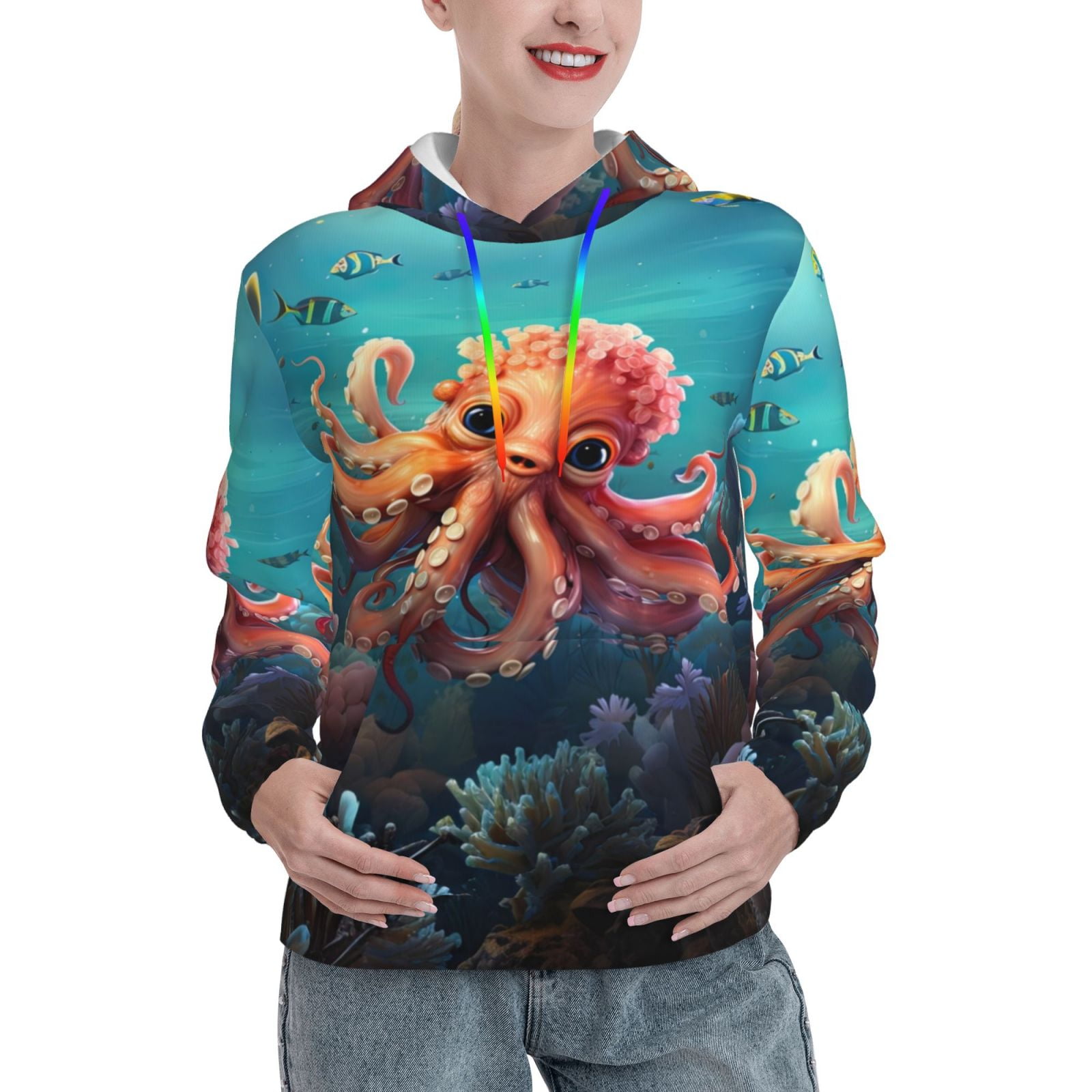 Disketp Underwater Plant Octopus Womens Casual Hoodies Crew Neck Long Sleeve Sweatshirts ...