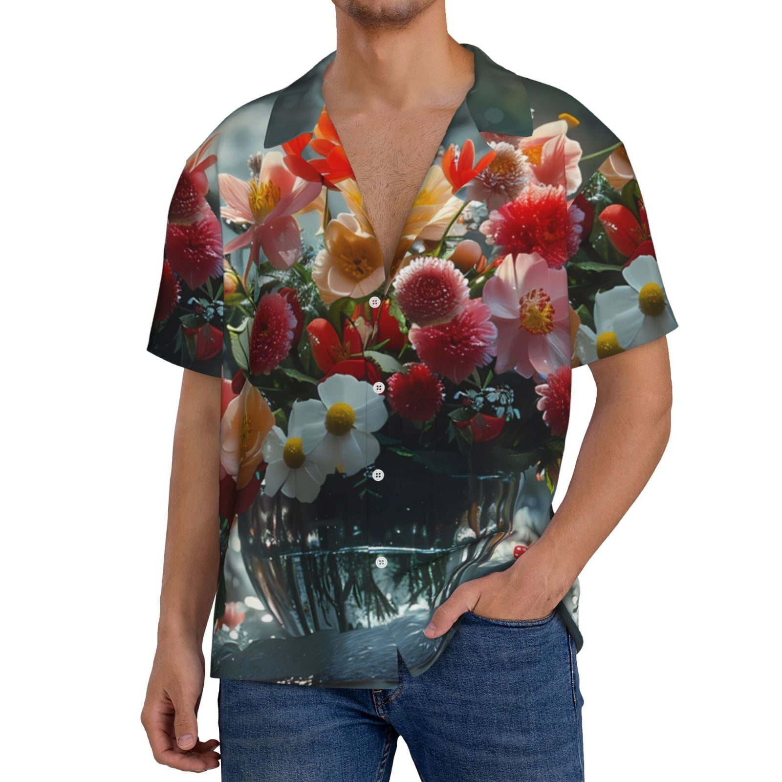 Disketp Vibrant Bouquet Waterfall Men's Hawaiian, Shirts Button Down ...