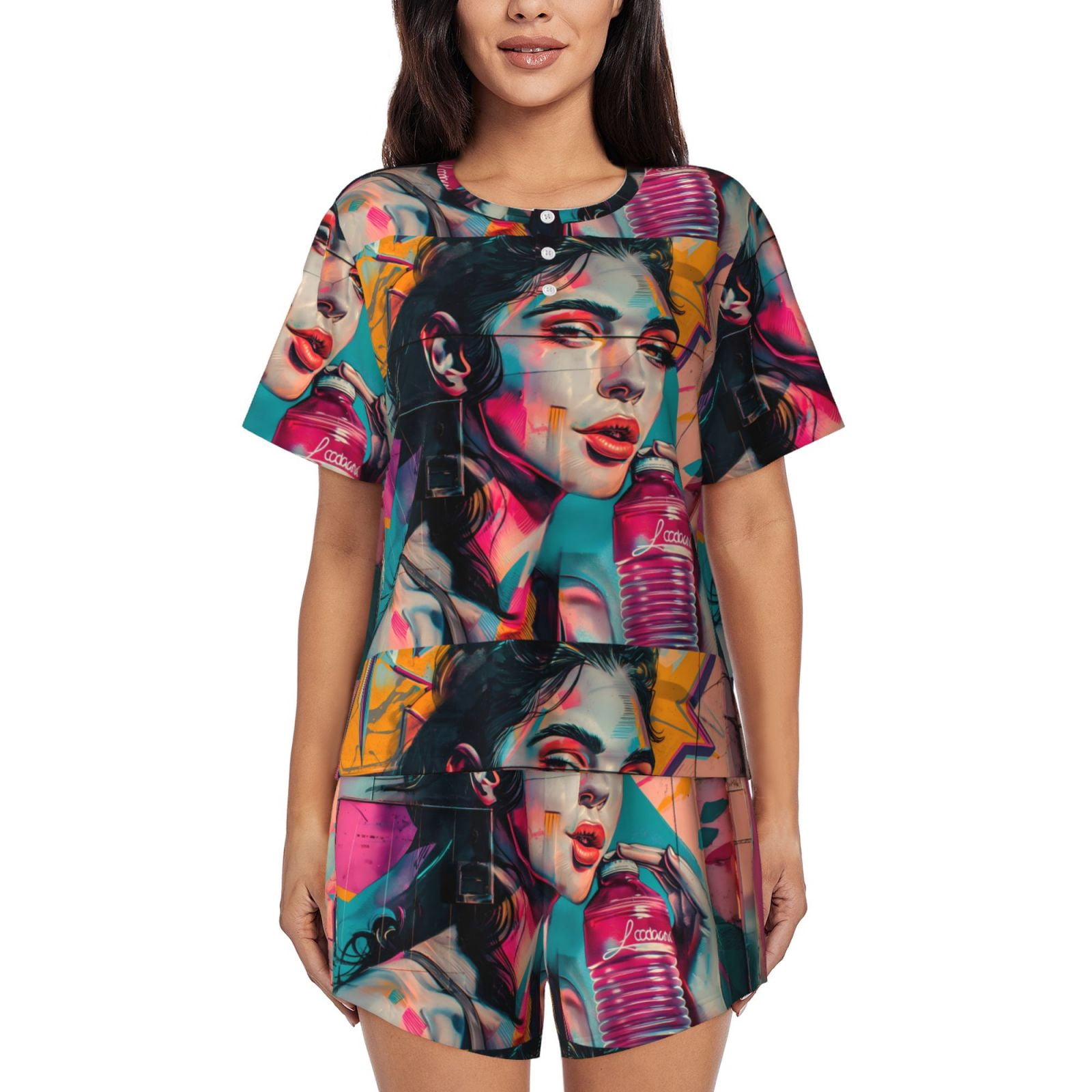 Disketp Vibrant Street Art Portrait for 2 Piece Shorts Sleepwear Women ...