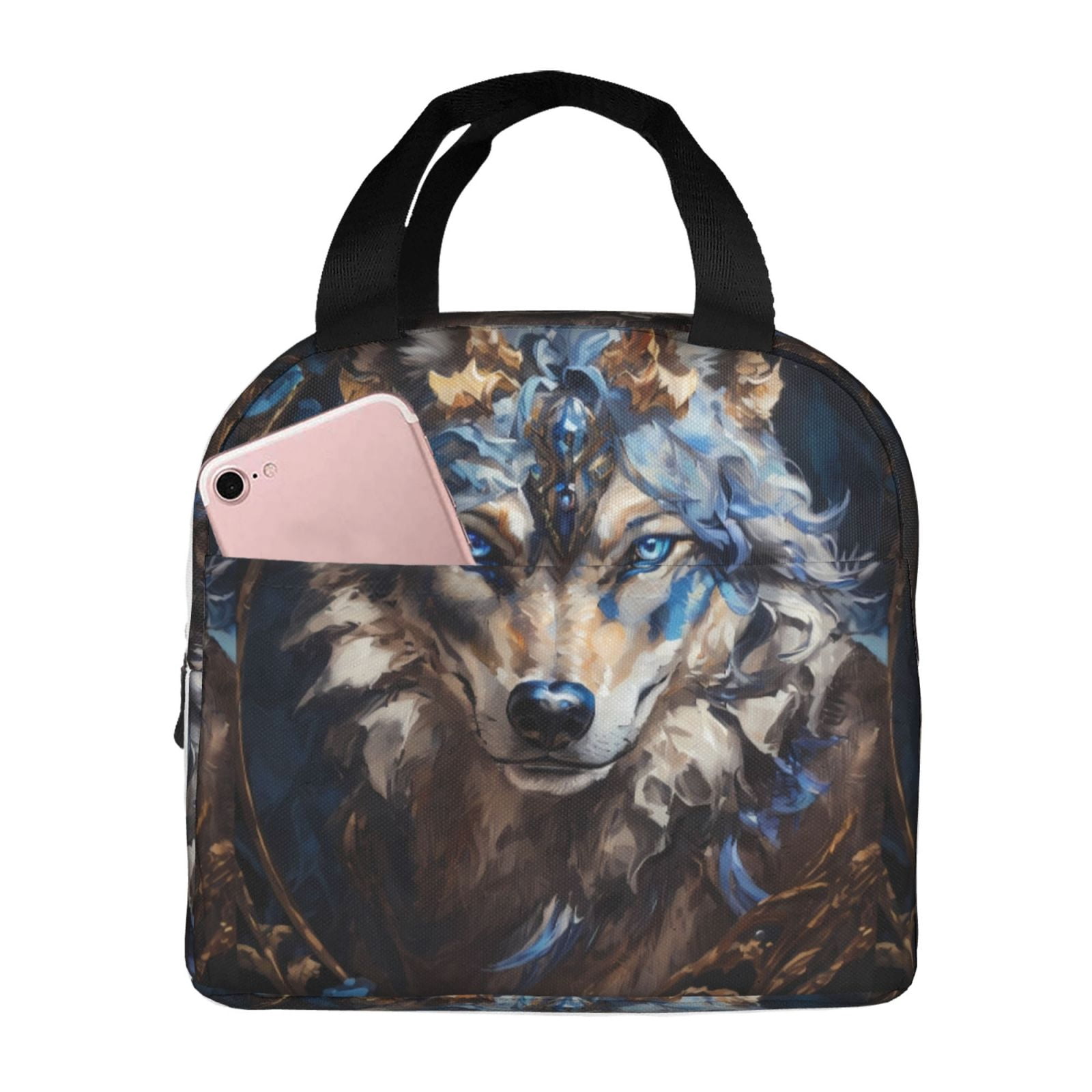 Disketp Vintage Blue Floral Wolf Lunch Bag for Women Men, Leakproof ...