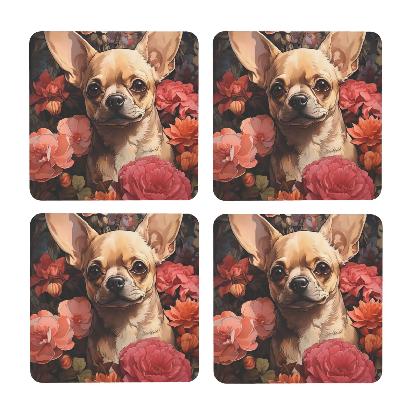 Disketp Vintage Red Flower Chihuahua MDF Cork Coaster 4 Pcs - Absorbent ...