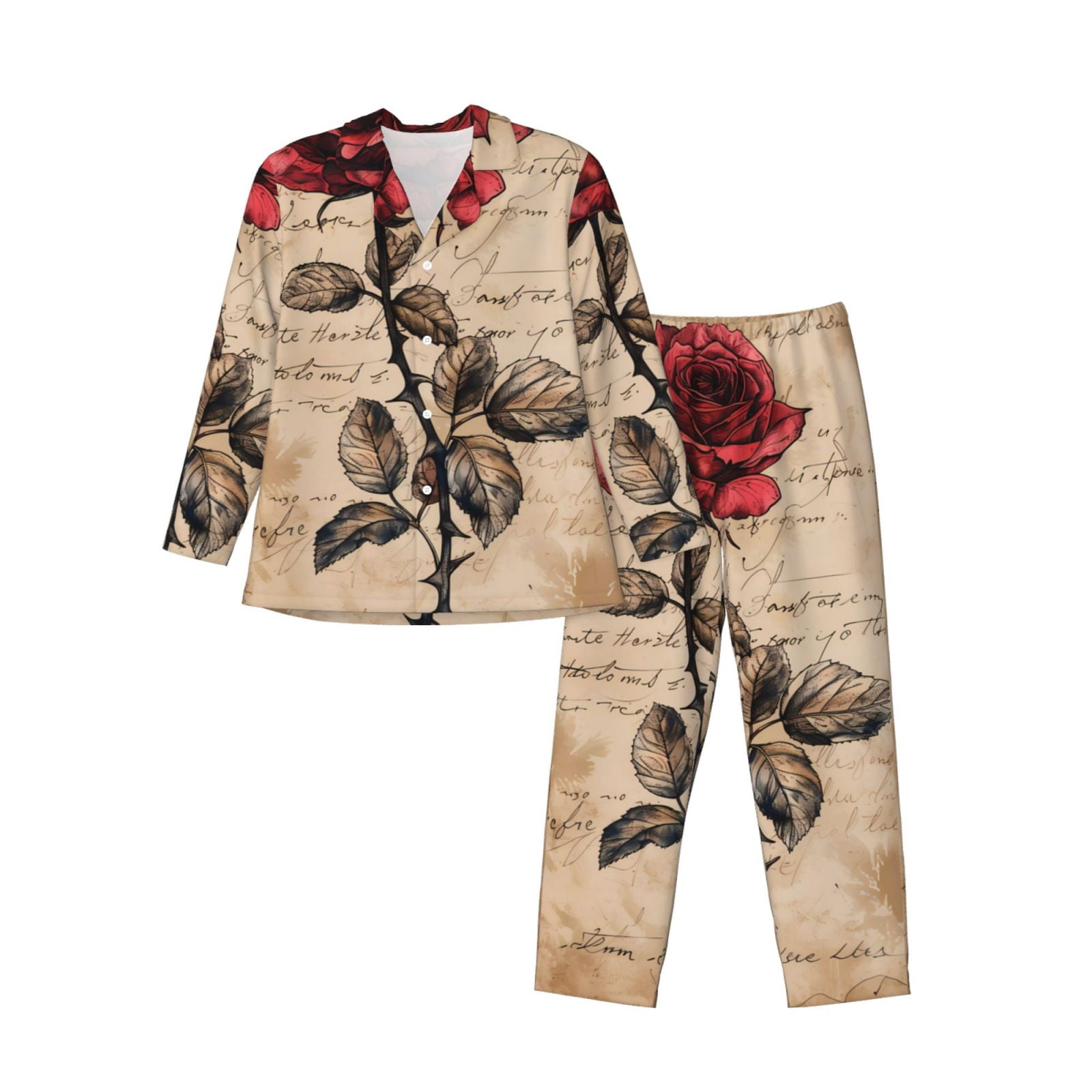 Disketp Vintage Rose Botanical Art for Pajamas Set Long Sleeve ...