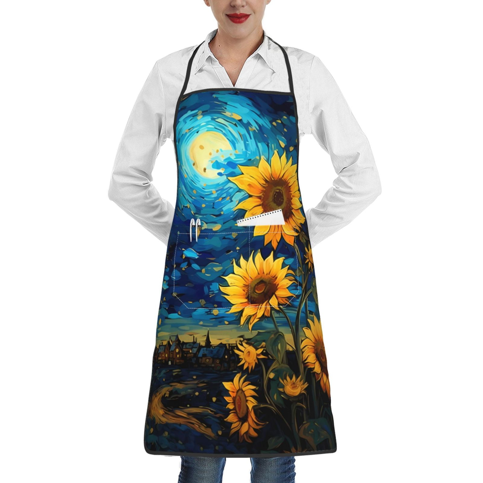 Disketp Vintage Starry Sky Sunflower Kitchen Apron with adjustable ...