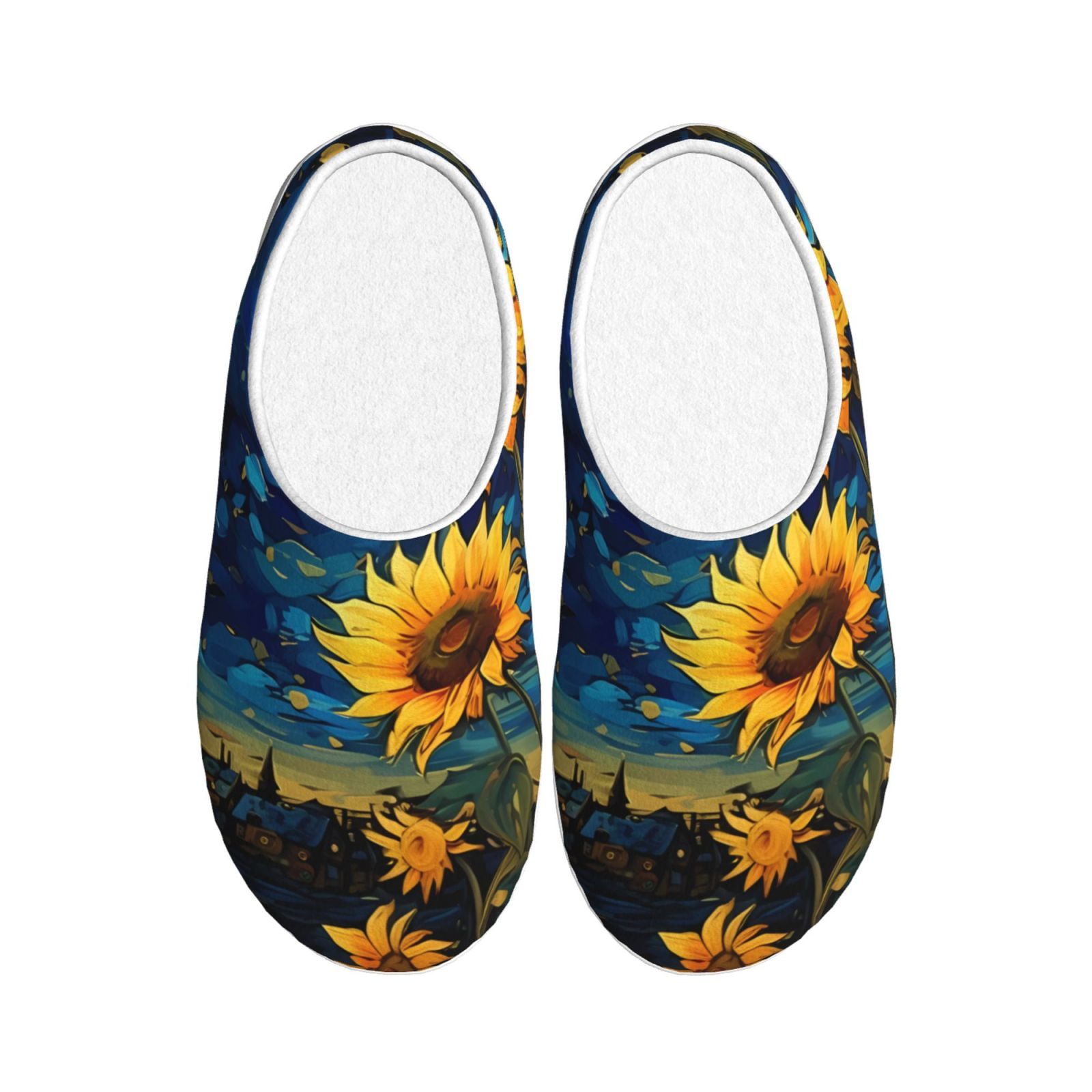 Disketp Vintage Starry Sky Sunflower Women's Men's Slippers Plush Slip ...
