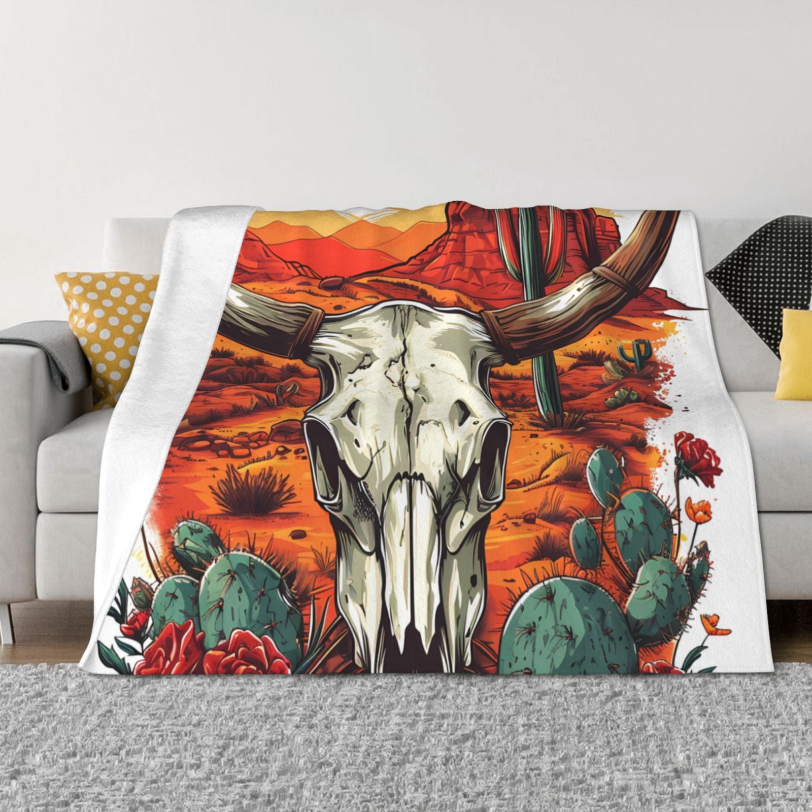 Disketp Western Desert Cactus Ram Skull Flannel Blankets - Thick and ...