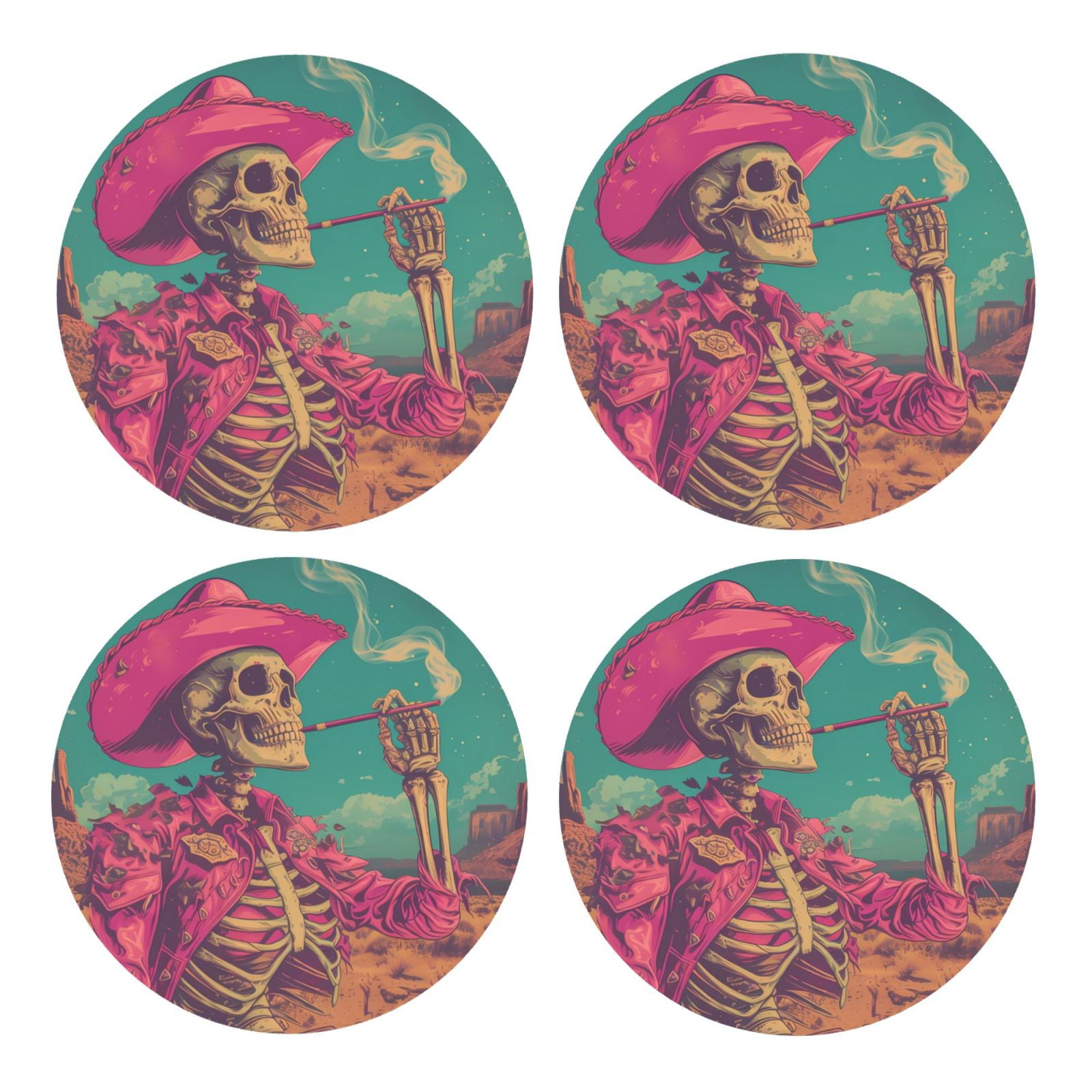 Disketp Western Desert Skull Cowboy (2) MDF Cork Coaster 4 Pcs ...