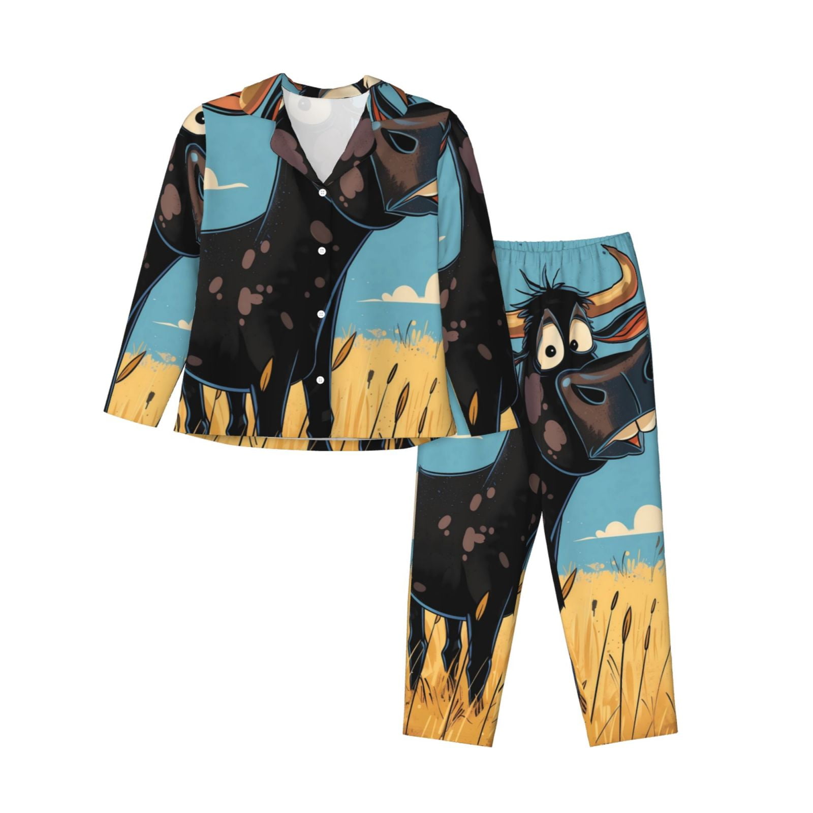 Disketp Whimsical Cartoon Cow Pajamas Set Long Sleeve Sleepwear Womens ...