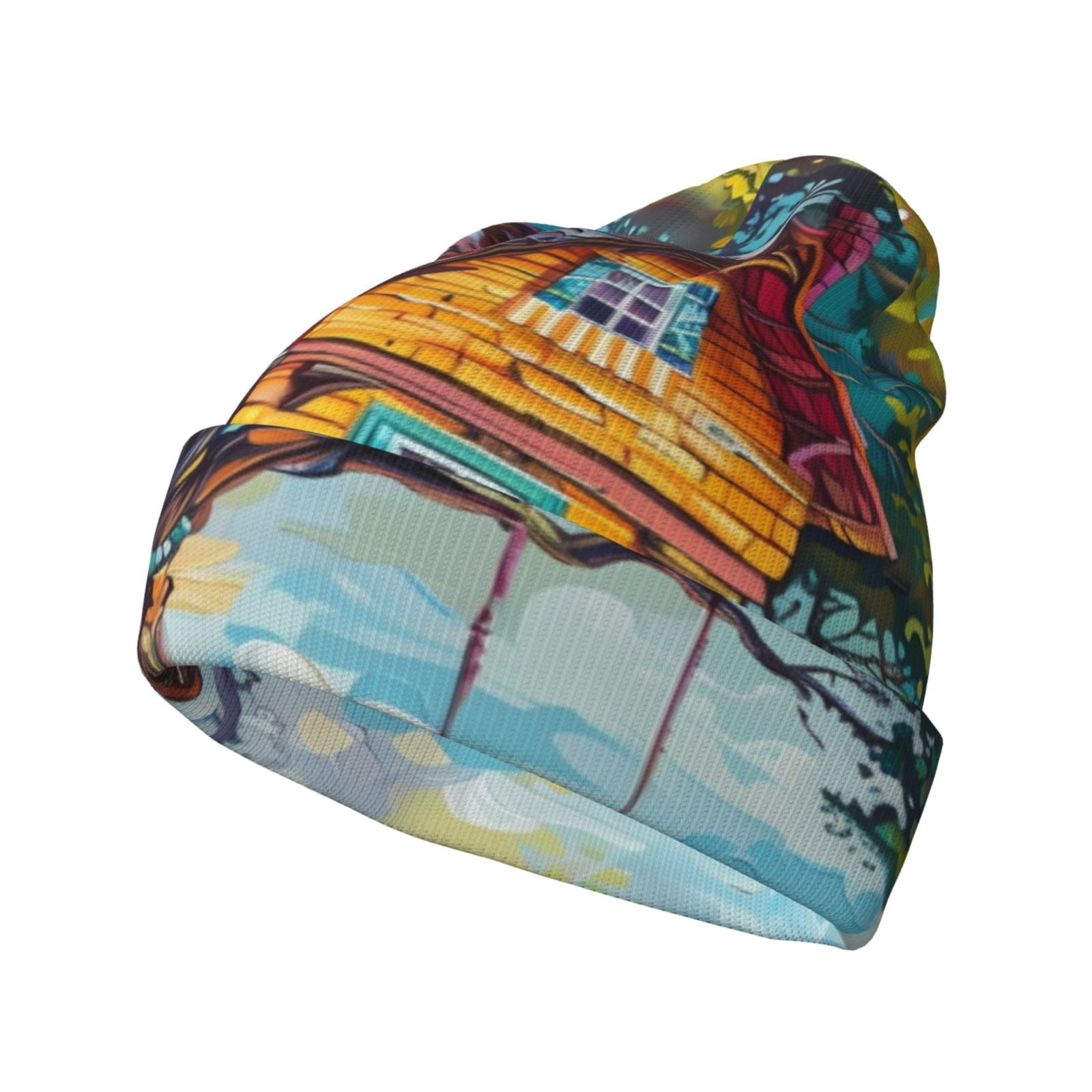 Disketp Whimsical Treehouse Painting Winter Beanie for Men Women Beanie ...