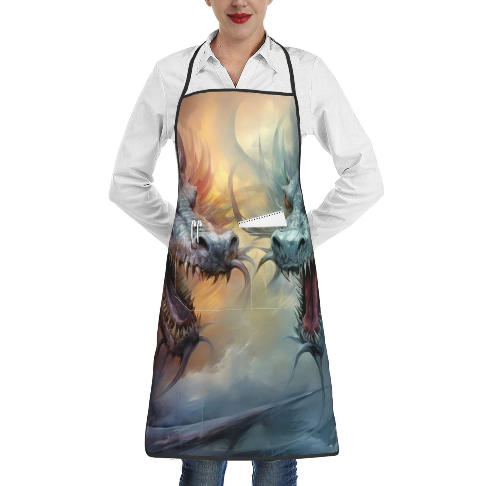 Disketp White And Red Storm Dragon Kitchen Apron with adjustable Aprons ...
