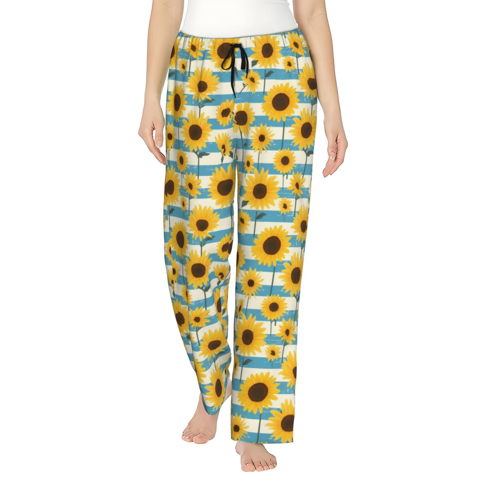 Disketp White Blue Striped Sunflower for Women's Pajama Pants - Ultra Soft Fleece Sleep and ...