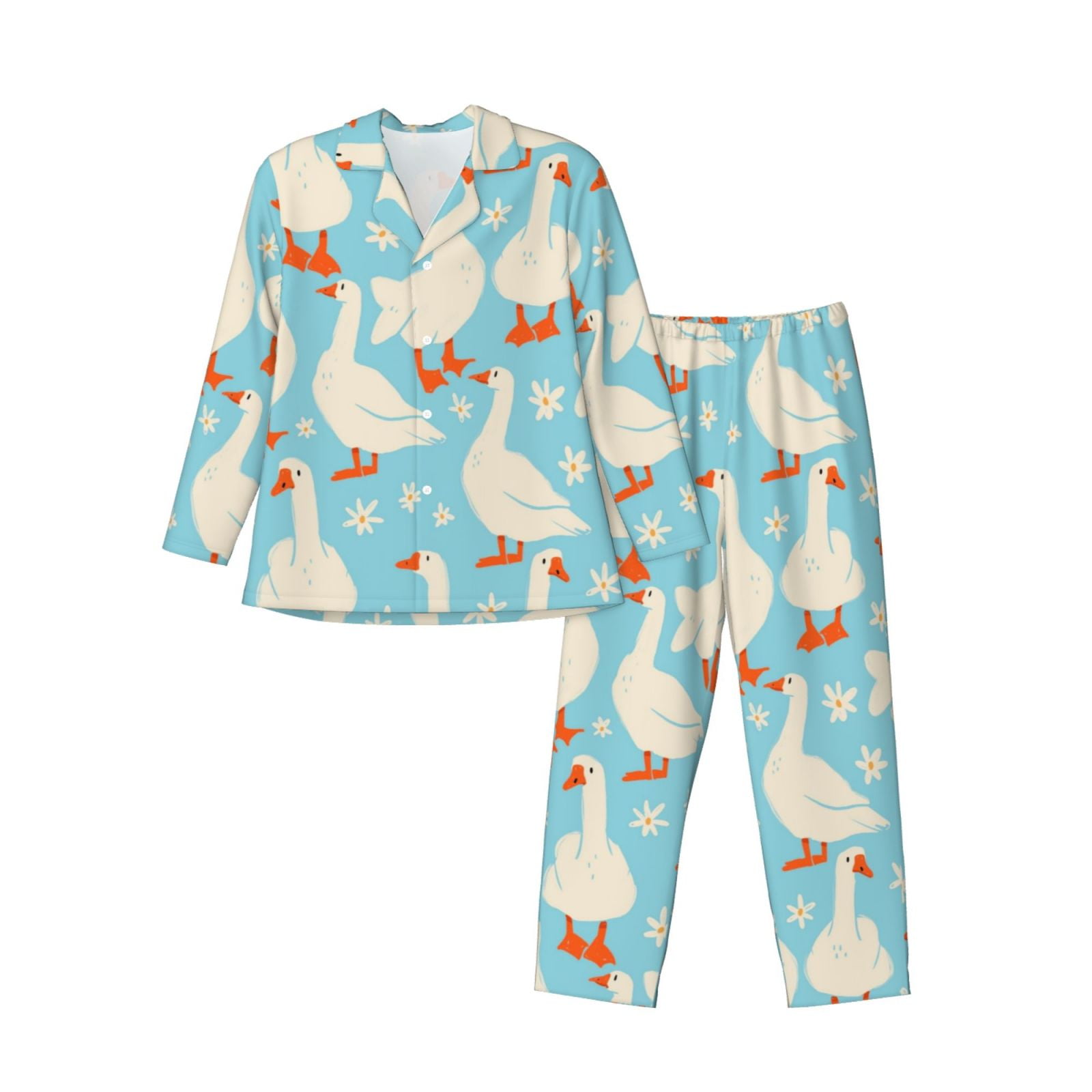 Disketp White Geese and Flower Mens Pajama Set, Soft Warm Long Sleeve ...