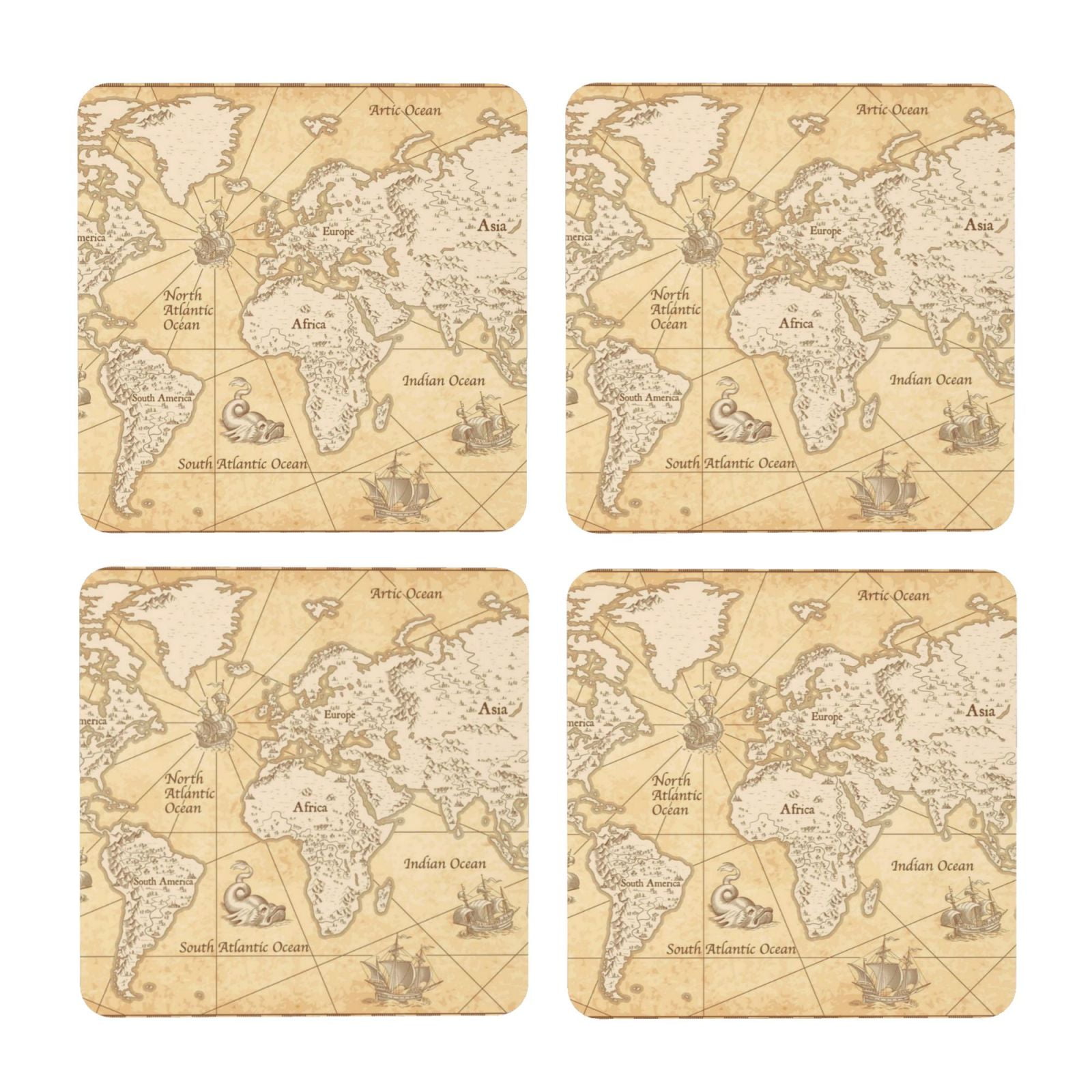 Disketp World Map MDF Cork Coaster 4 Pcs - Absorbent Beverage Coasters ...
