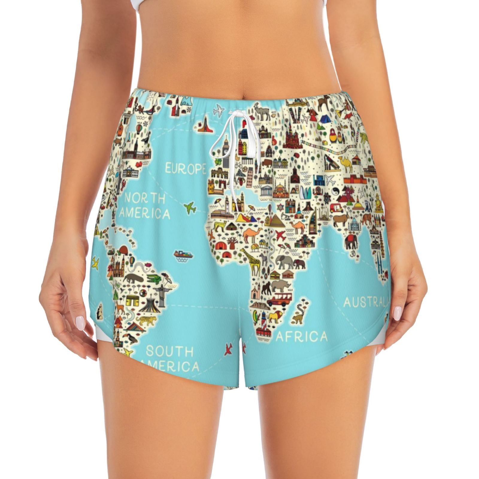 Disketp World Travel Line Icons Map Print Women's Shorts Workout Shorts ...