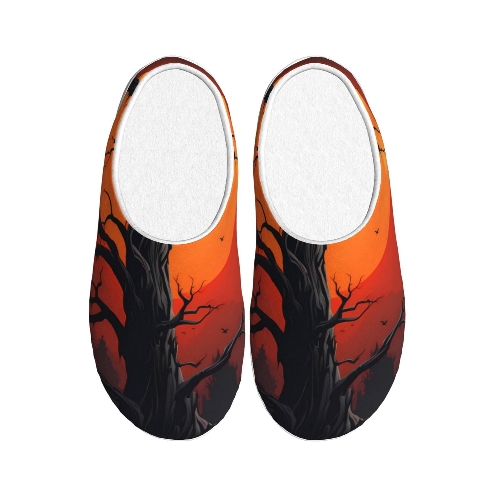 Disketp Yellow Castle Sunset Tree Women's Men's Slippers Plush Slip-On ...