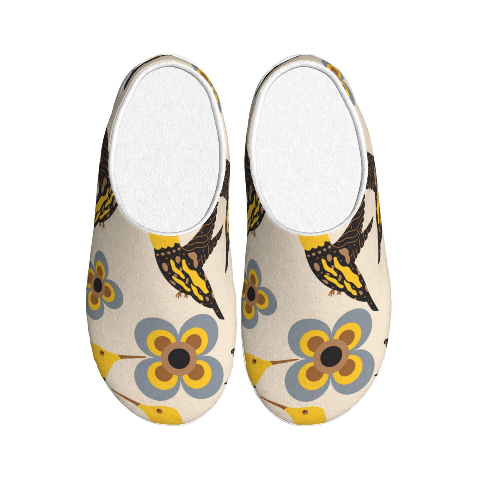 Disketp Yellow Flowers Hummingbird Women's Men's Slippers Plush Slip-On ...