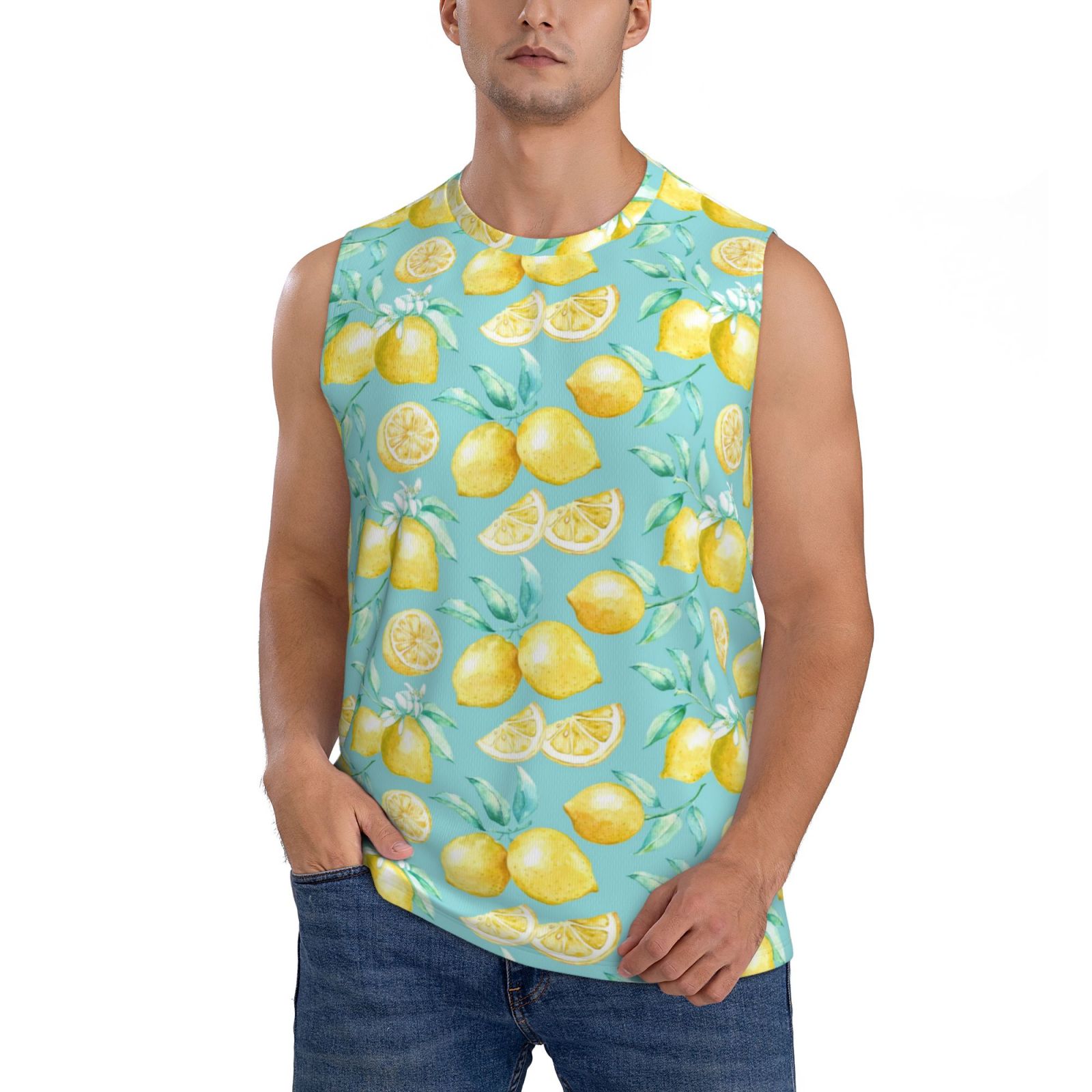 Disketp Yellow Lemon Sleeveless Tshirts For Men, Muscle Shirts For Men ...