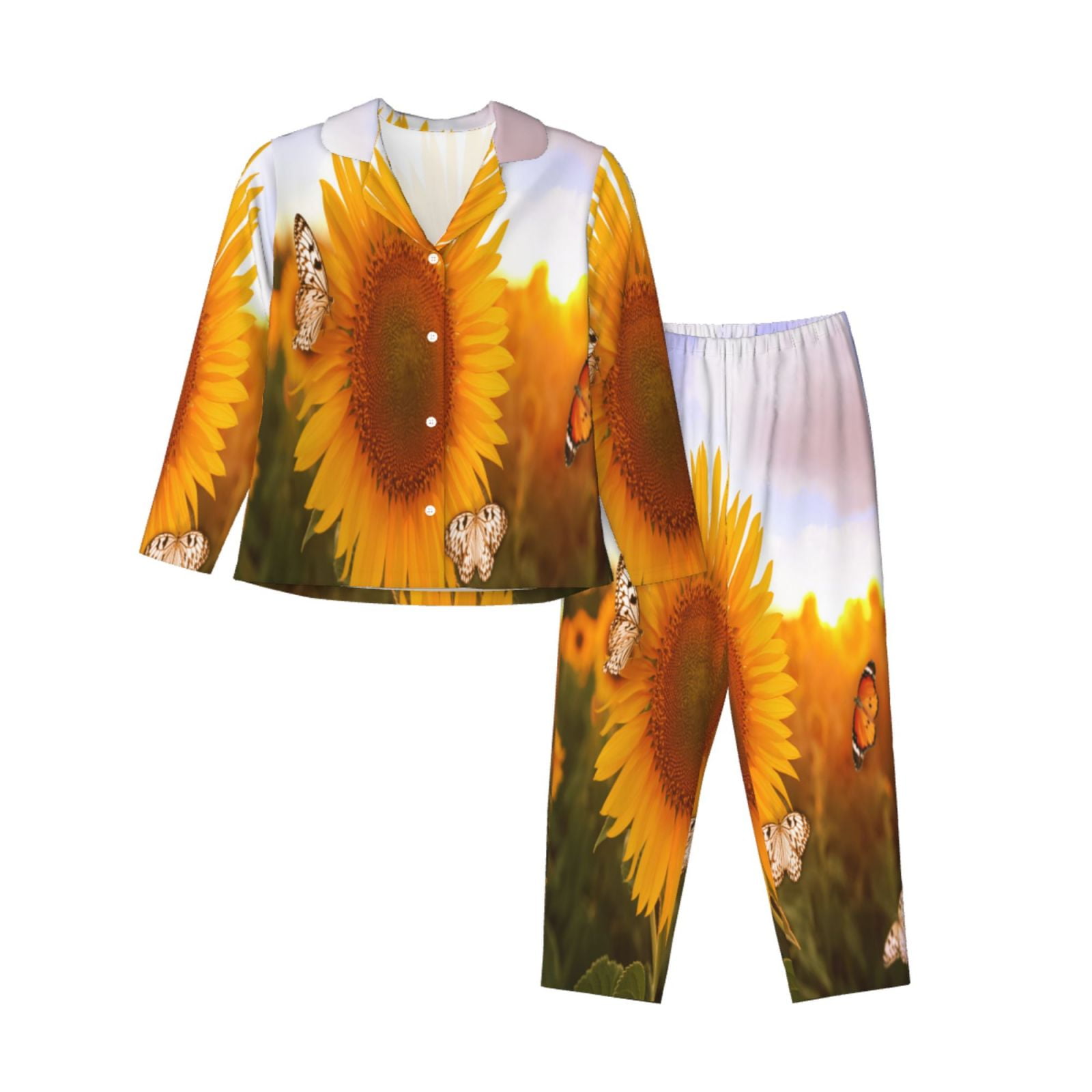 Disketp butterflies flying near sunflower in field Pajamas Set Long ...