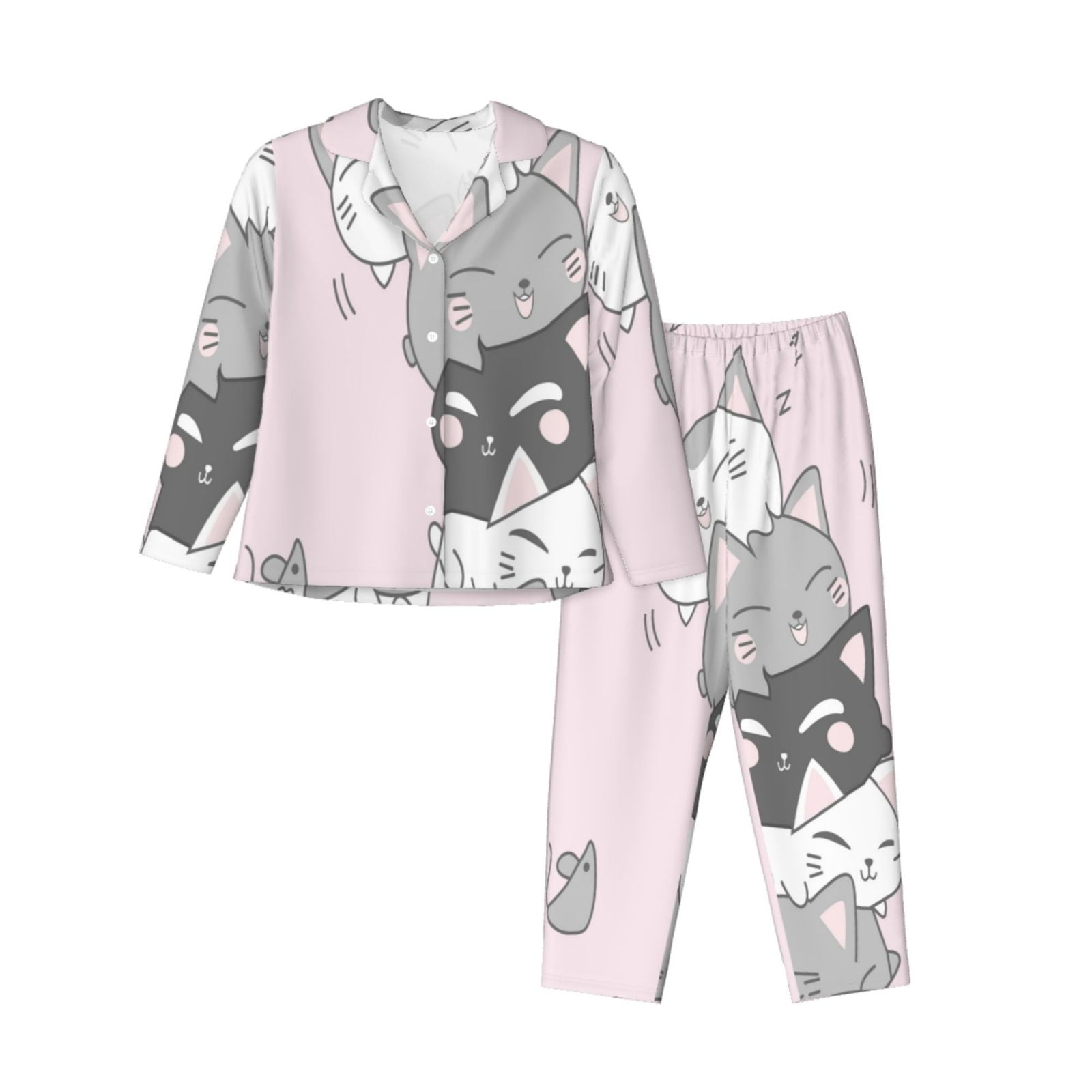 Disketp cat Pajamas Set Long Sleeve Sleepwear Womens Button Down ...