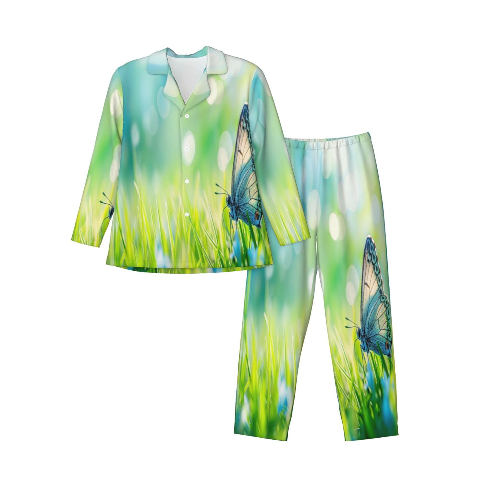 Disketp green grass and butterfly for Pajamas Set Long Sleeve Sleepwear ...