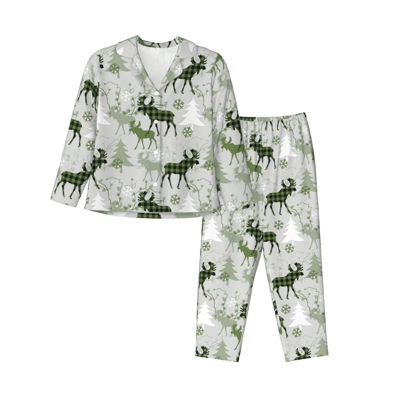 Disketp green plaid Moose tree Pajamas Set Long Sleeve Sleepwear Womens ...