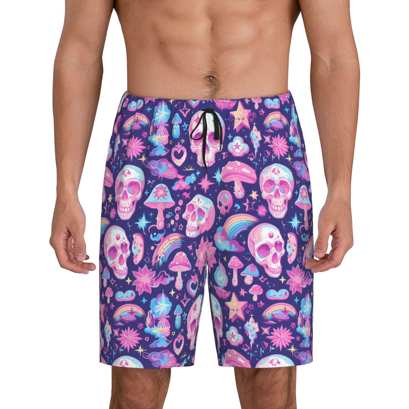 Disketp mushroom rainbow color Skull for Men's Soft Sleep Pajama Shorts ...