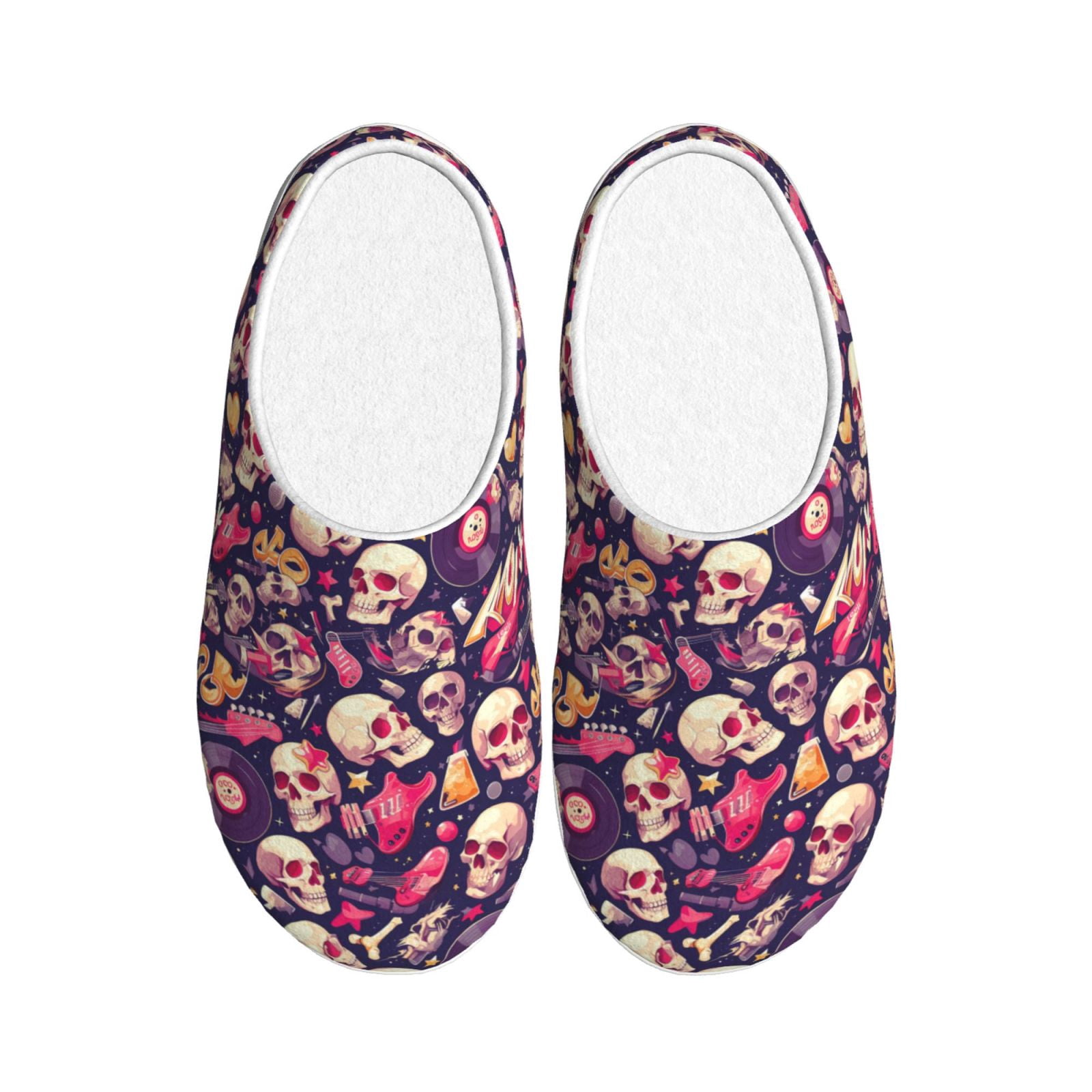 Disketp music Skull record Guitar Women's Men's Slippers Plush Slip-On ...