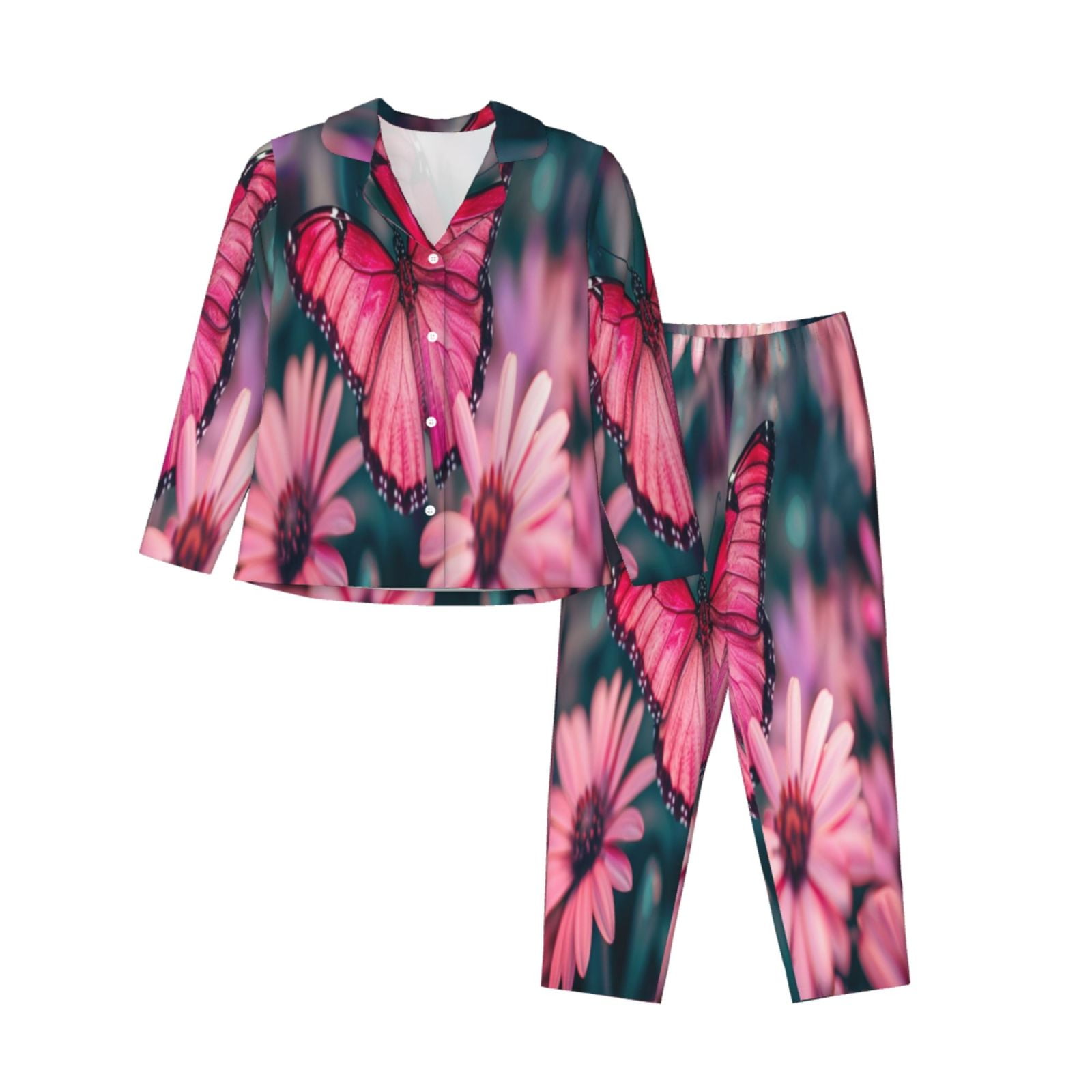 Disketp pink butterfly Pajamas Set Long Sleeve Sleepwear Womens Button ...
