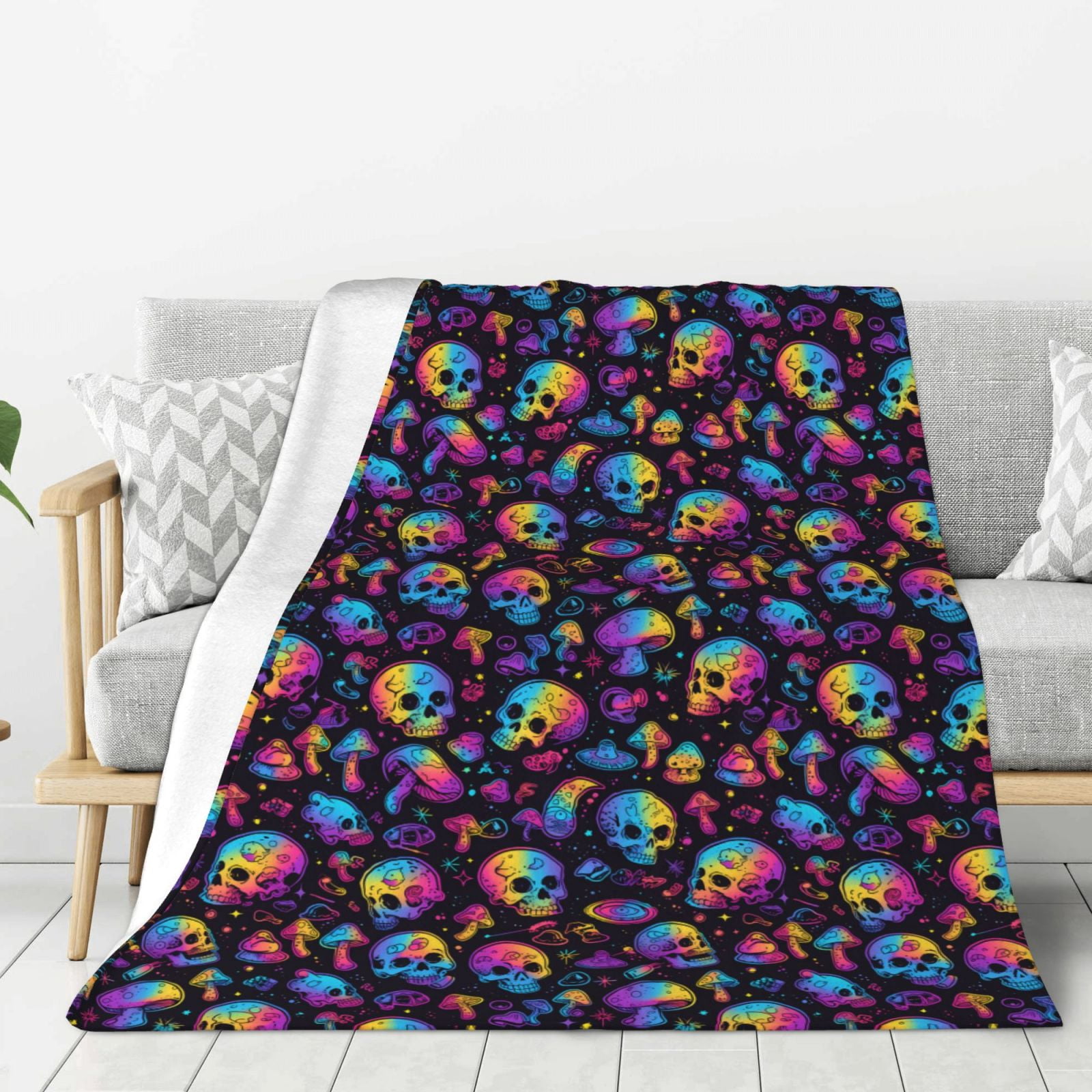 Disketp rainbow color Skull mushroom Cozy Flannel Fleece Throw Blanket ...