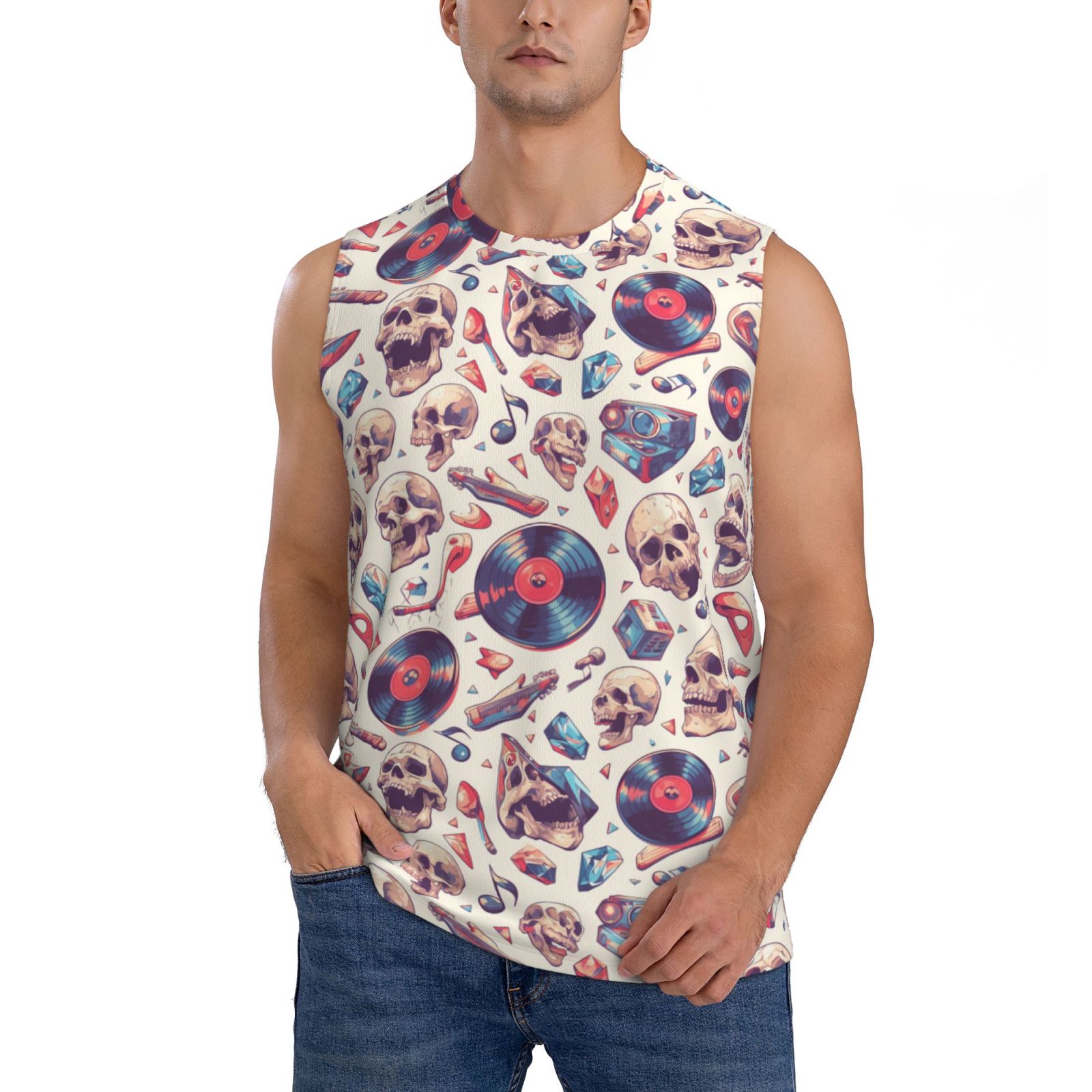 Disketp rock Skull record Retro Sleeveless Tshirts for Men, Muscle ...