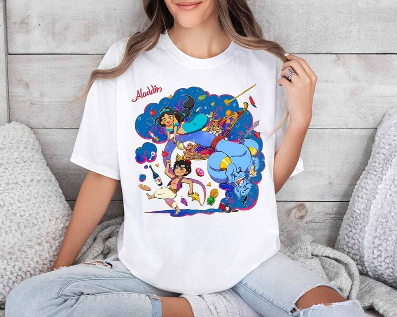 Disney Aladdin Cute Jasmine & Aladdin Flying Carpet Floral Poster Shirt ...