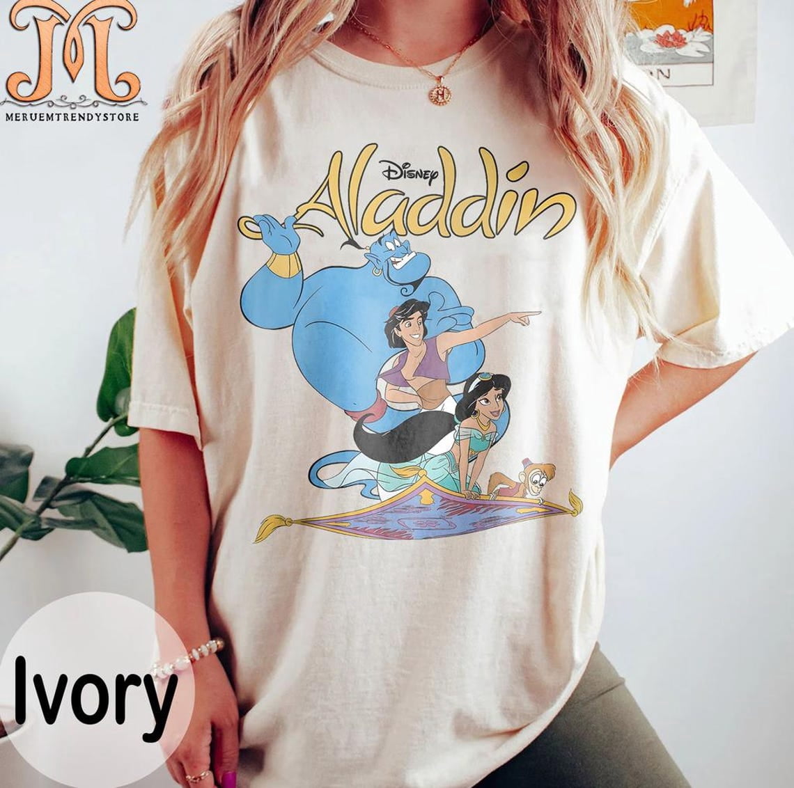 Disney Aladdin Cute T-Shirt, Jasmine & Aladdin Flying Carpet Floral ...