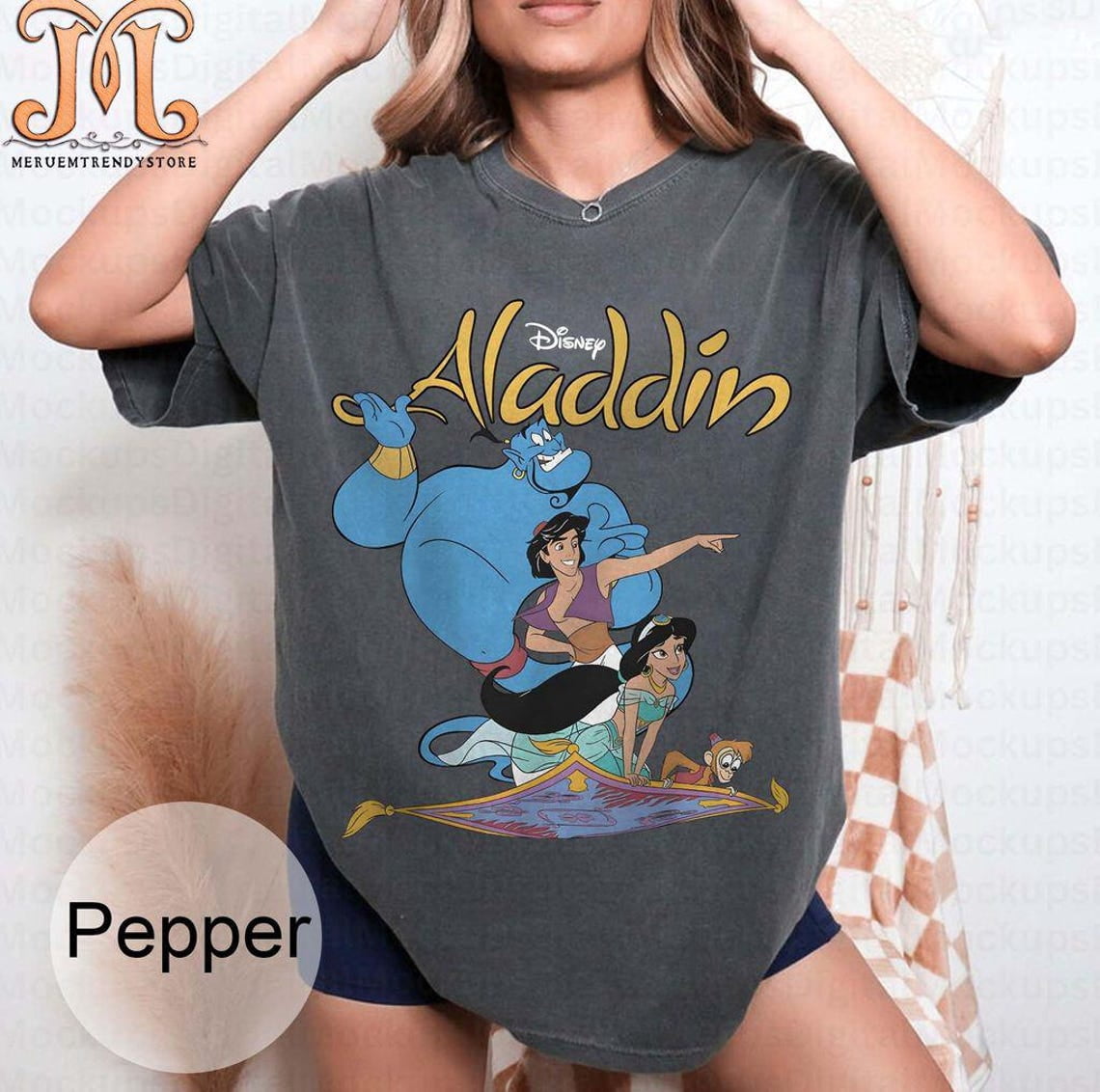 Disney Aladdin Cute T-Shirt, Jasmine & Aladdin Flying Carpet Floral ...
