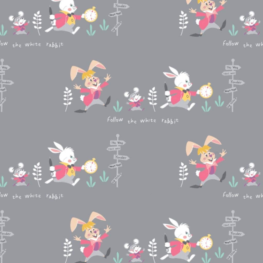 Disney Alice in Wonderland Follow The White Rabbit Gray 100% Cotton ...