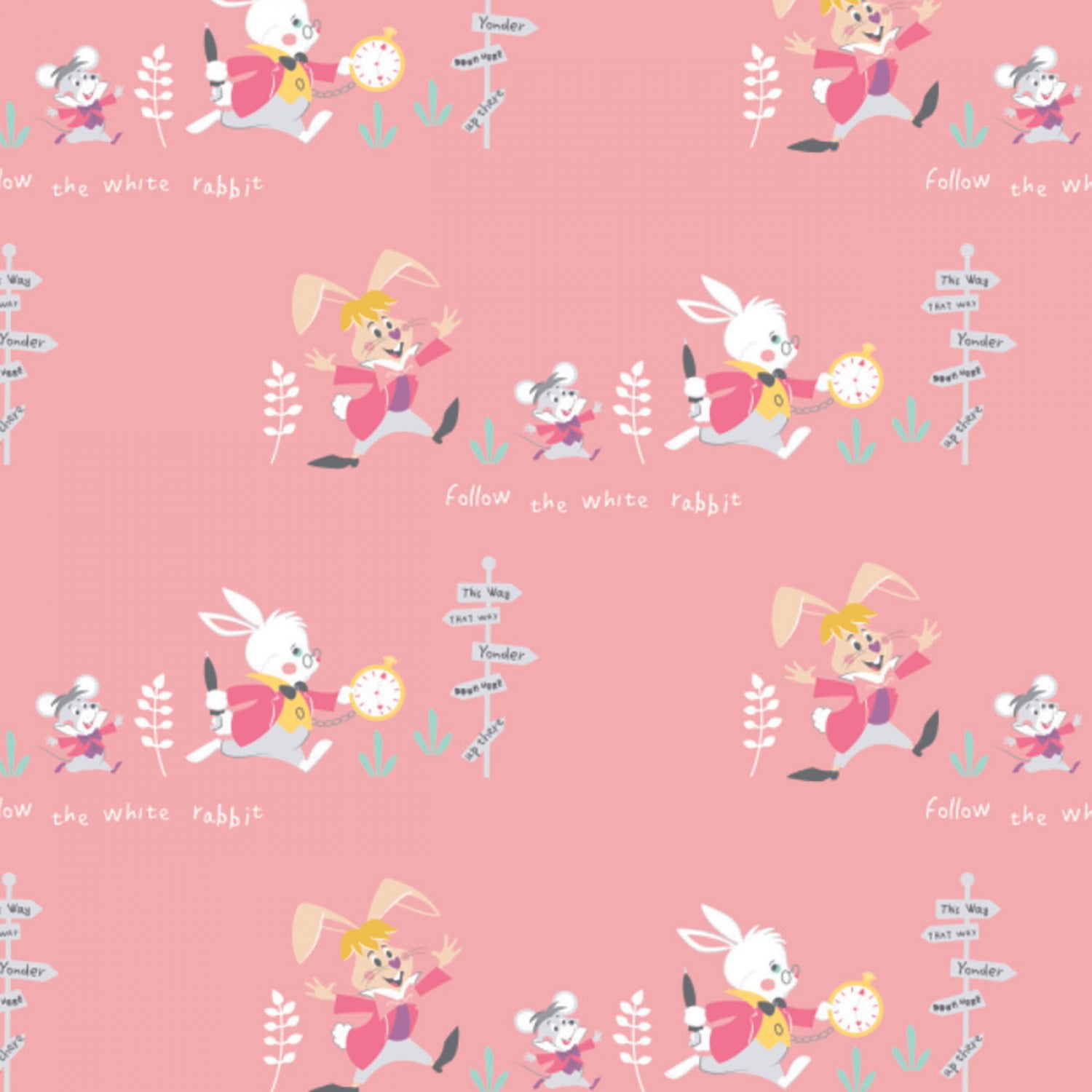 Disney Alice in Wonderland Follow The White Rabbit Pink 100% Cotton ...