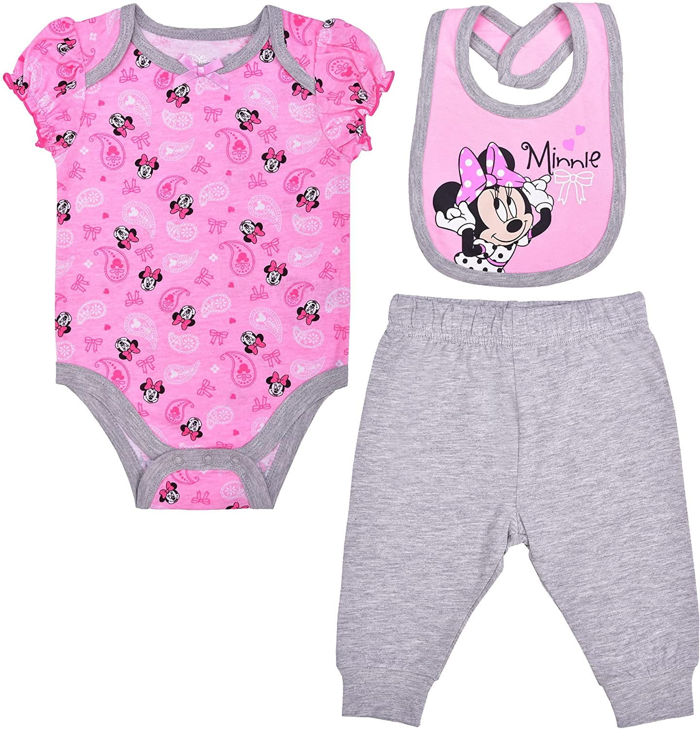 Disney Baby Girls' 3 Pack Minnie Mouse Bodysuit, Pant, and Bib Set ...