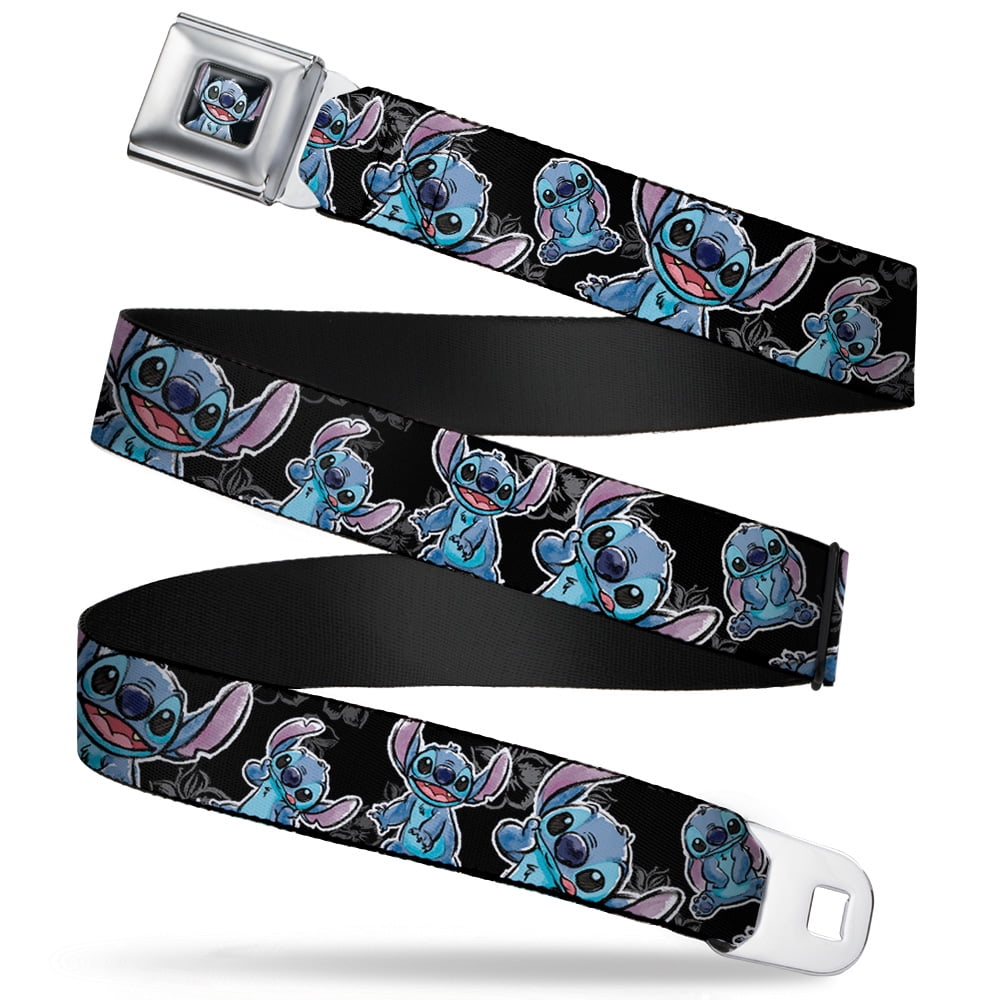 Disney Belt, Seatbelt Buckle Belt, Stitch Poses Hibiscus Sketch Black ...