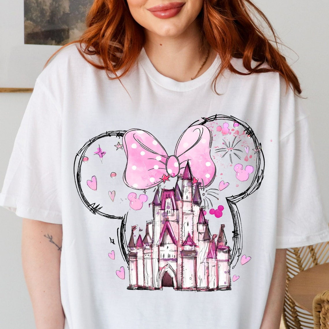 Disney Castle Watercolor Shirt, Disney Ears Themed, Pink Minnie Ear ...