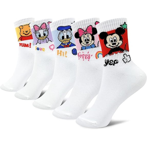 Disney Character Crew Socks, 5 Pairs Set, Mickey Mouse Minnie Donald ...